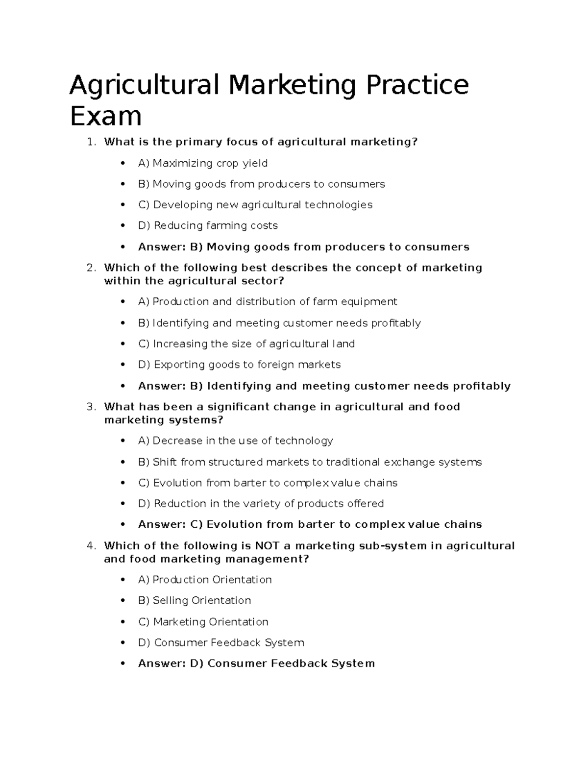 Agricultural Marketing Practice Exam Answer Key - Agricultural ...