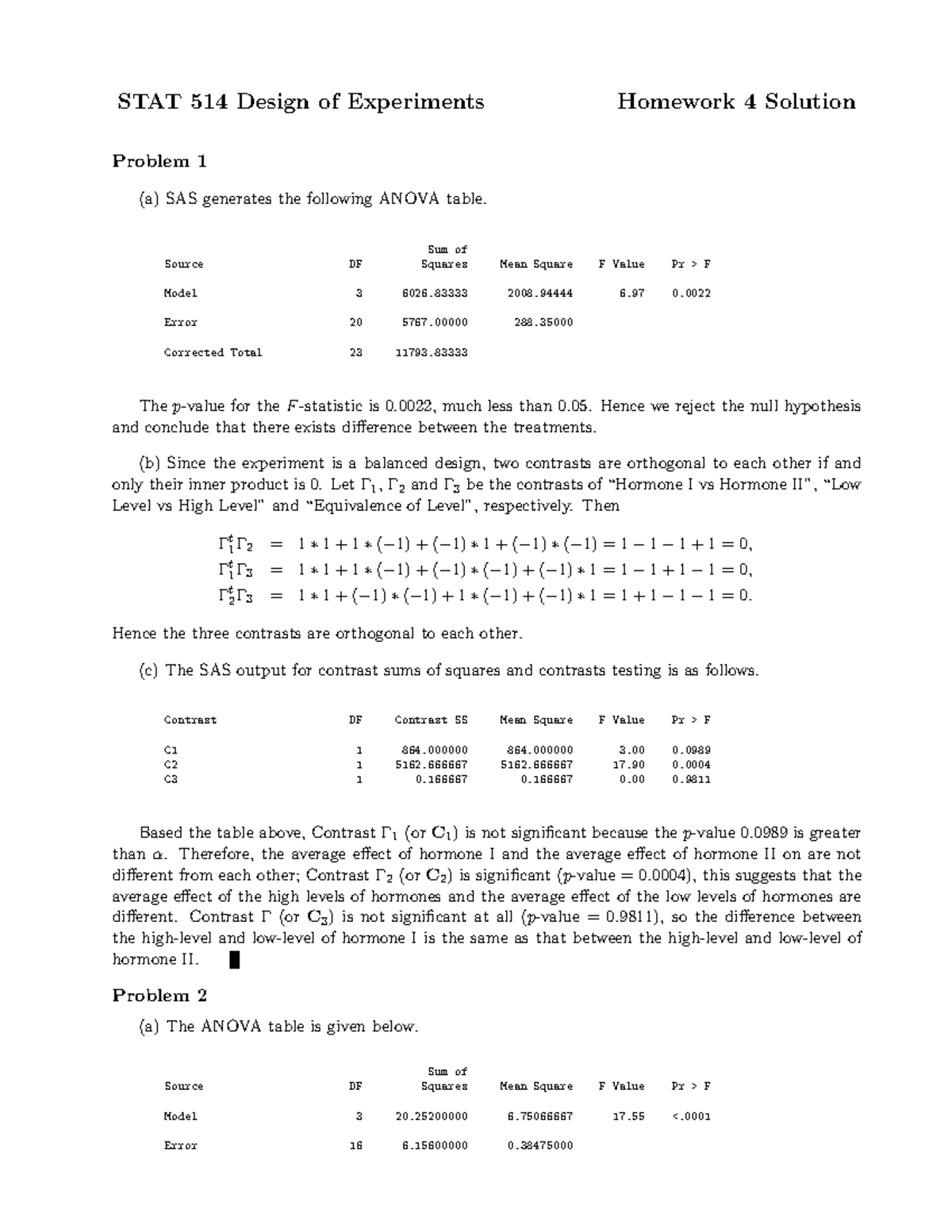 Homework Solution 4 - STAT 514 Design of Experiments Homework 4 ...
