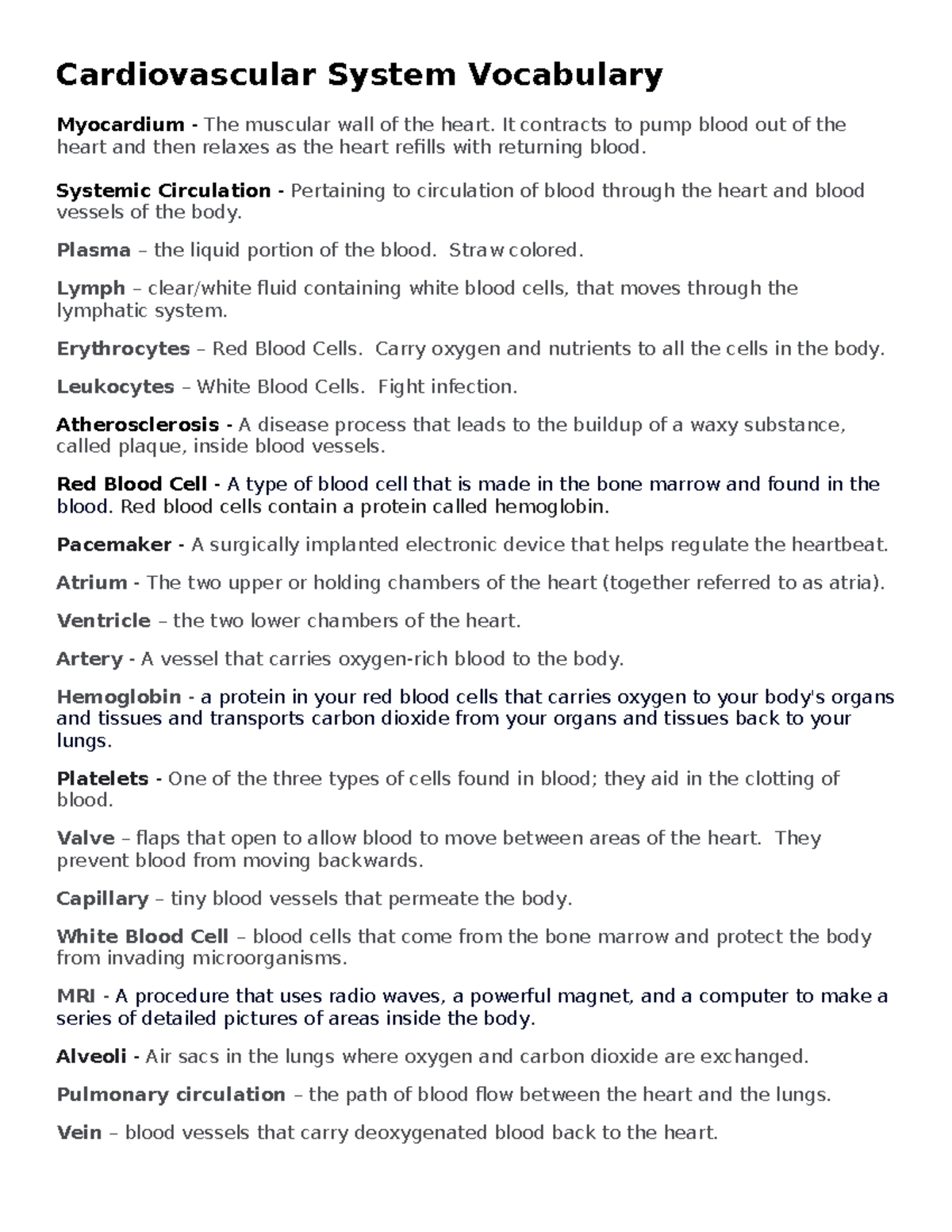Vocab Key - Cardiovascular System Vocabulary Myocardium - The muscular ...