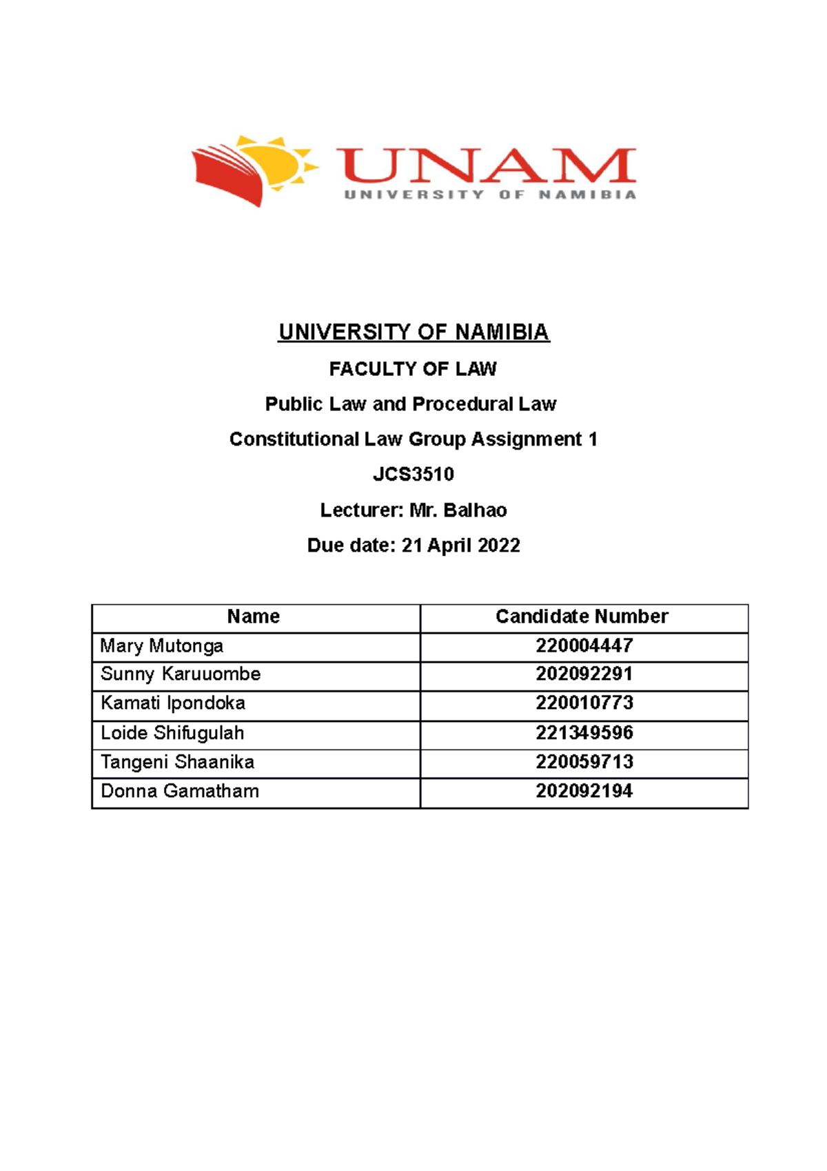 Constitutional Law Assignment 1 Final Draft - UNIVERSITY OF NAMIBIA ...