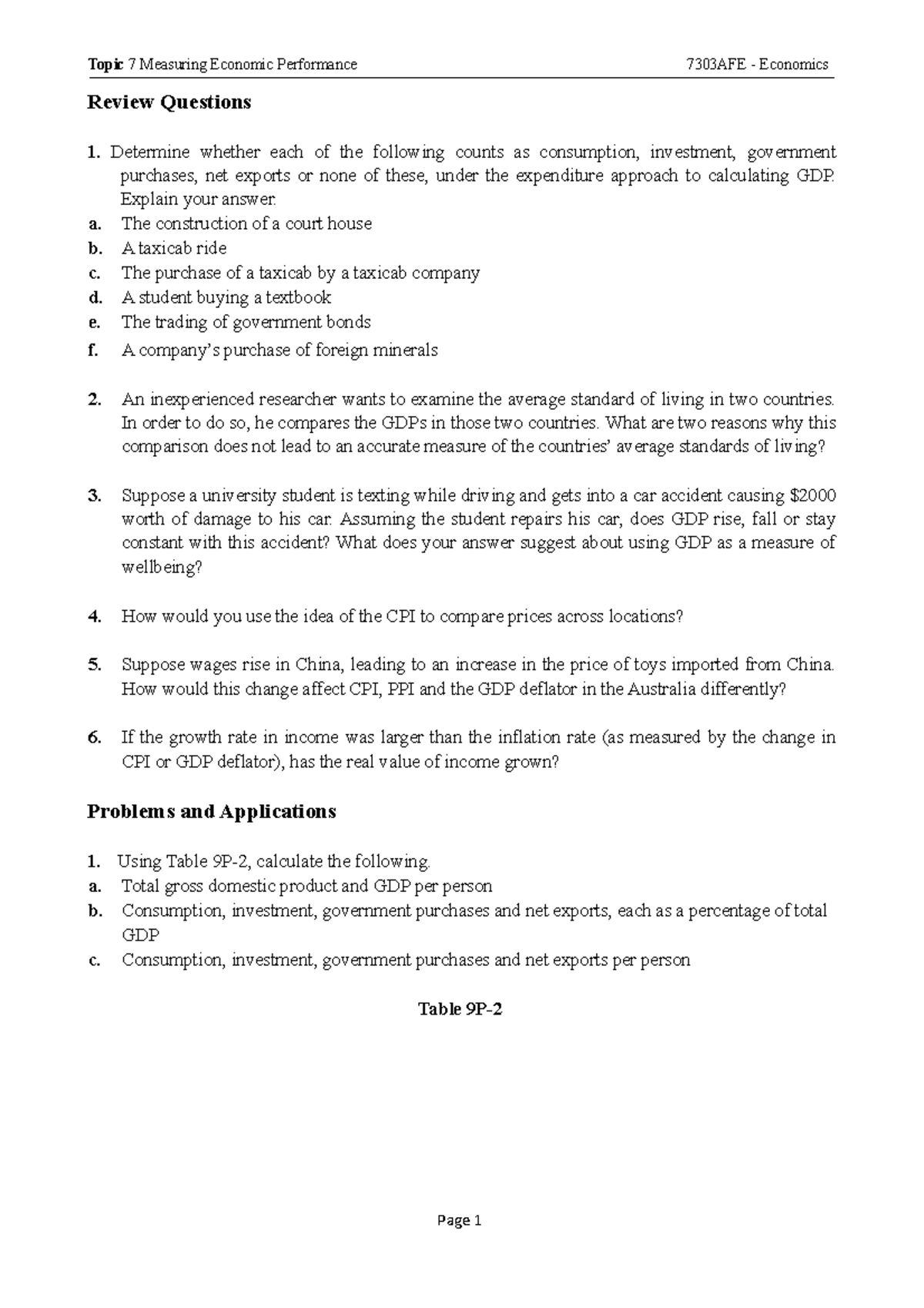 Topic 7 New - Questions 2020 - Topic 7 Measuring Economic Performance ...