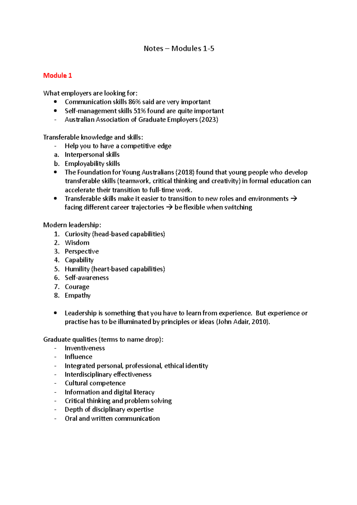 Notes - 1-5 - Notes – Modules 1- Module 1 What employers are looking ...
