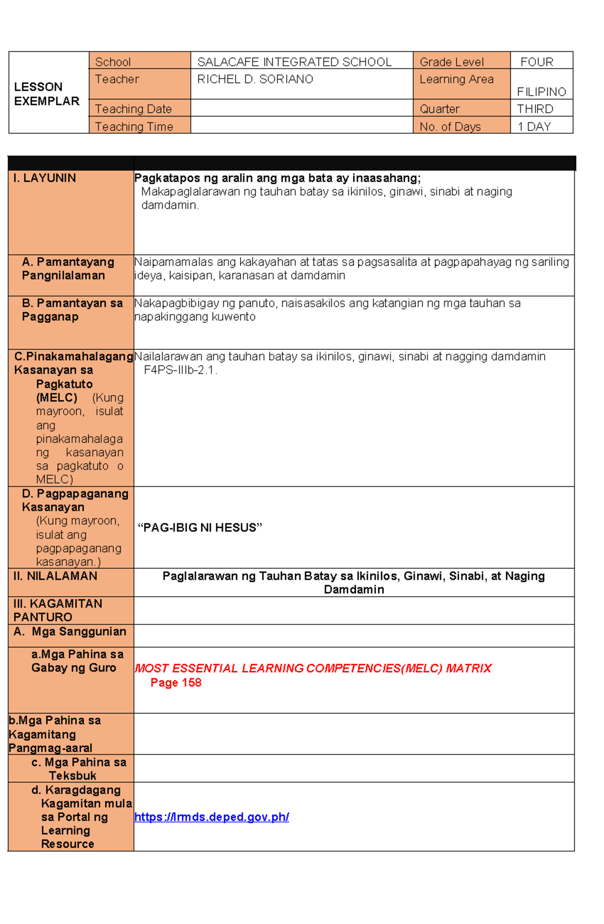 Cot Filipino 4 Q3 LP - LESSON EXEMPLAR School SALACAFE INTEGRATED ...