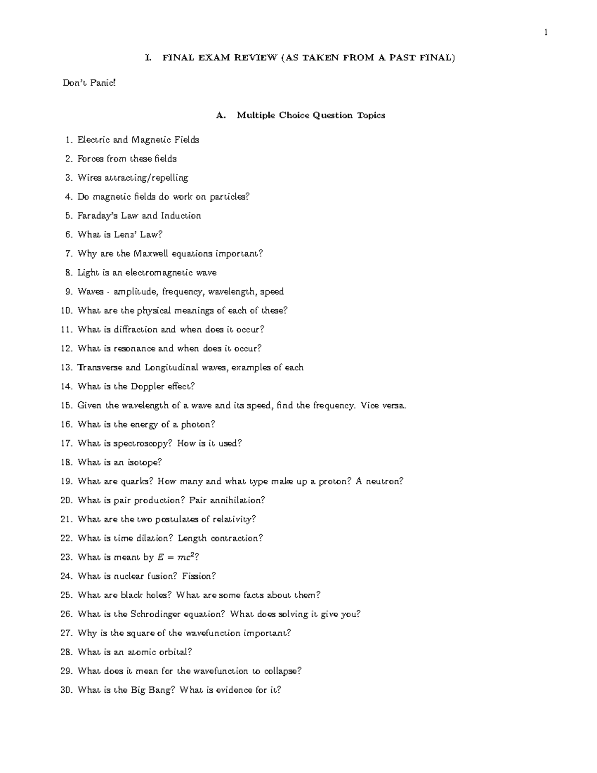 PHYS 101 Final Review - 1 I. FINAL EXAM REVIEW (AS TAKEN FROM A PAST ...
