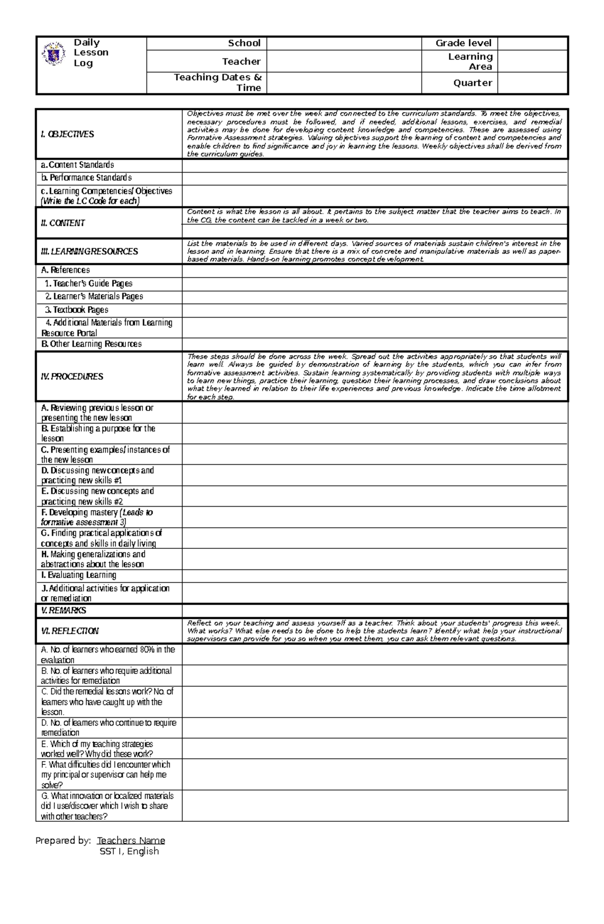 Deped Daily Lesson Log Blank Format (Daily Vertical Format) - Daily ...