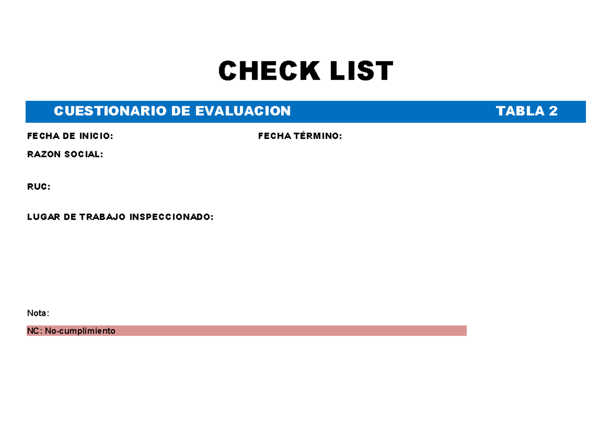 Check-LIST - Construccion - CUESTIONARIO DE EVALUACION TABLA 2 CHECK ...