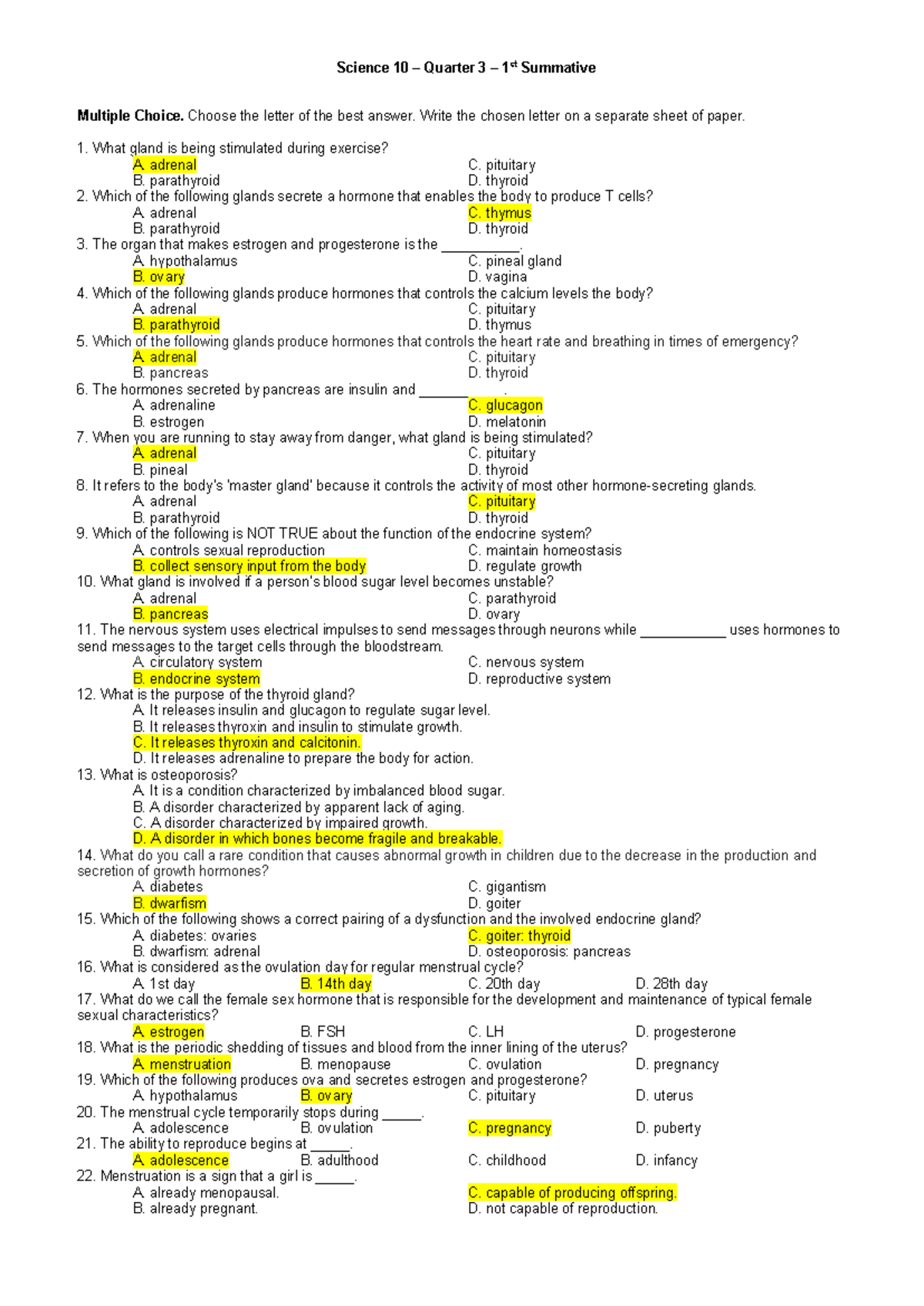 Science 10 - quarter 3 - summative 1 - answer key - Science 10 ...