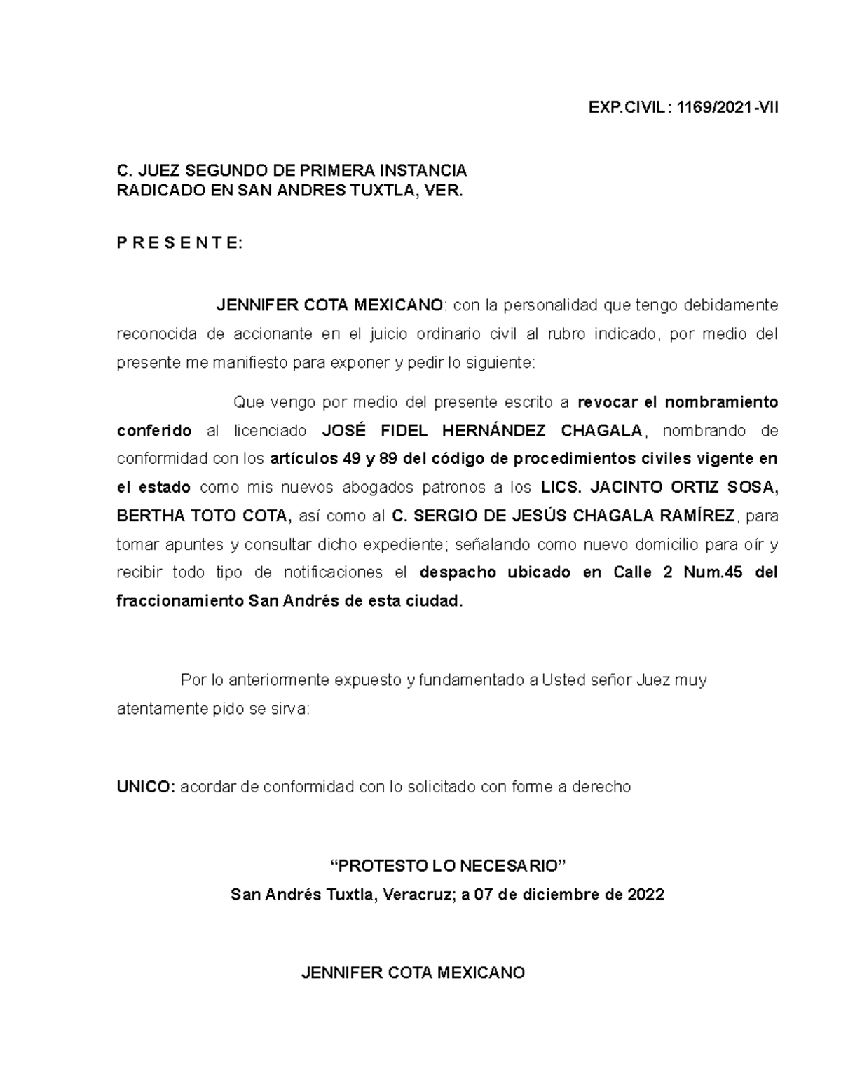 revocamiento de personalidad - EXP: 1169/2021-VII C. JUEZ SEGUNDO DE ...
