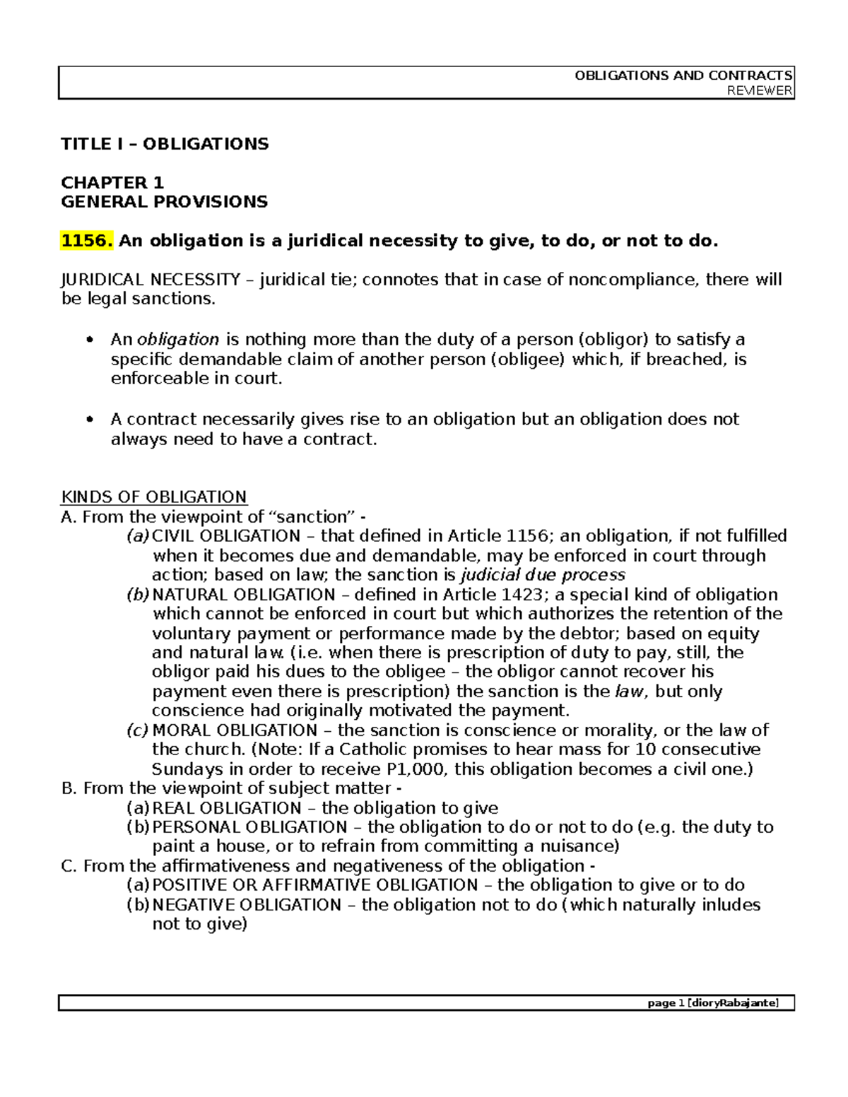 Obligations and Contracts Reviewer - REVIEWER TITLE I – OBLIGATIONS CHAPTER 1 GENERAL PROVISIONS ...