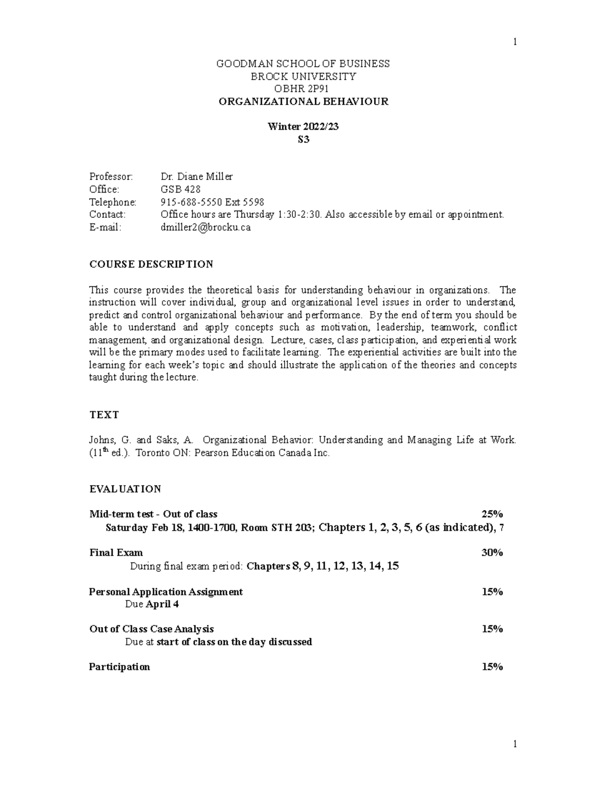 OBHR 2P91 course outline - GOODMAN SCHOOL OF BUSINESS BROCK UNIVERSITY ...