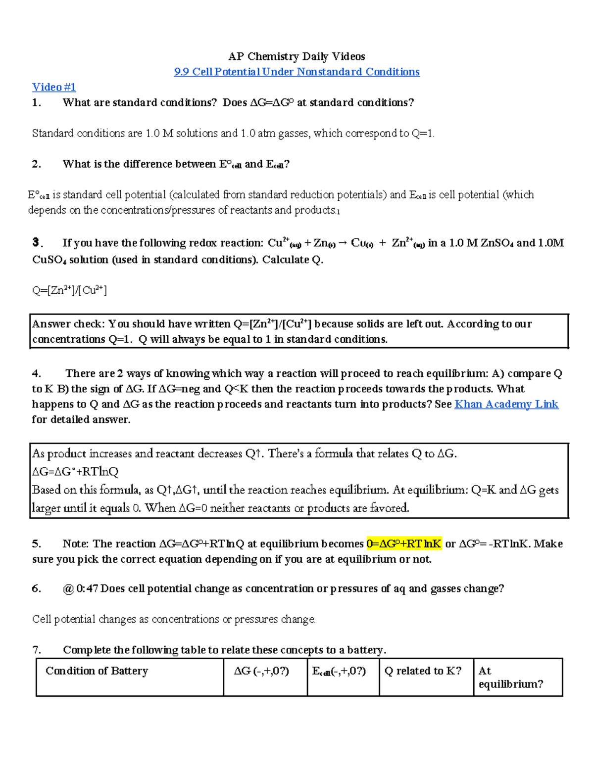 9.9 Cell Potential Under Nonstandard Conditions - AP Chemistry Daily ...