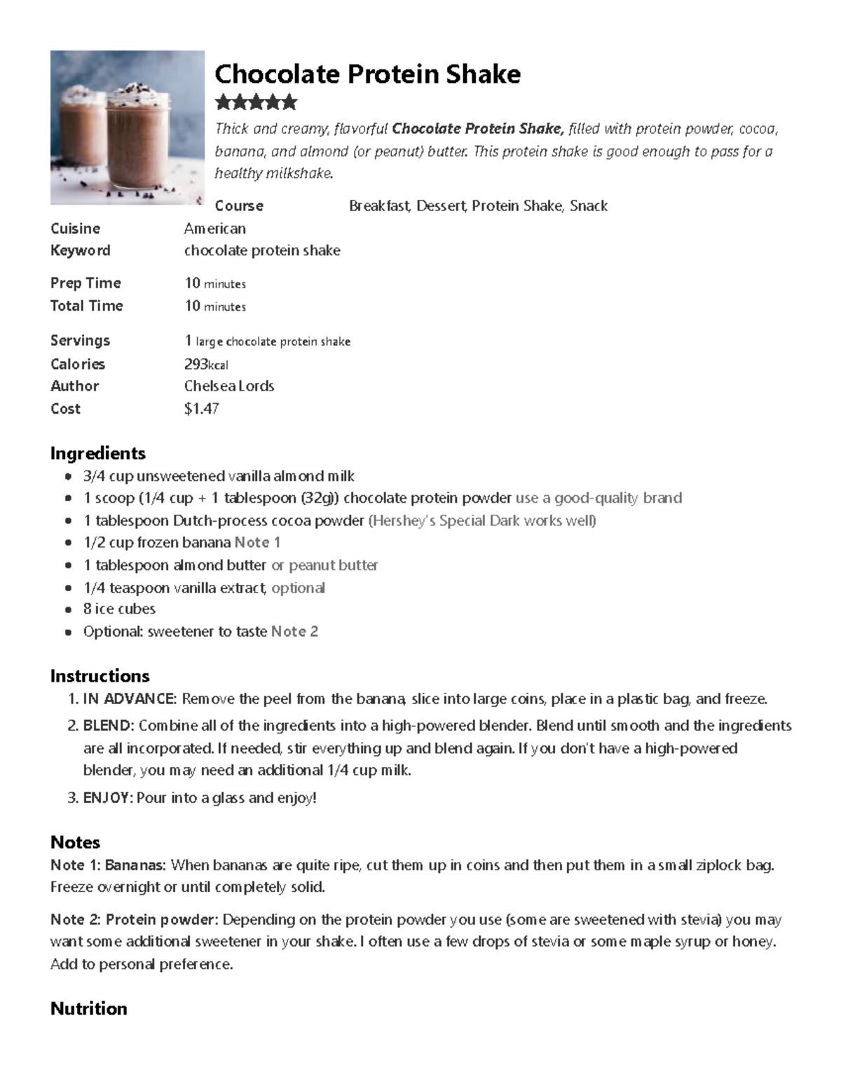 Chocolate Protein Shake - Chelsea's Messy Apron - Chocolate Protein ...