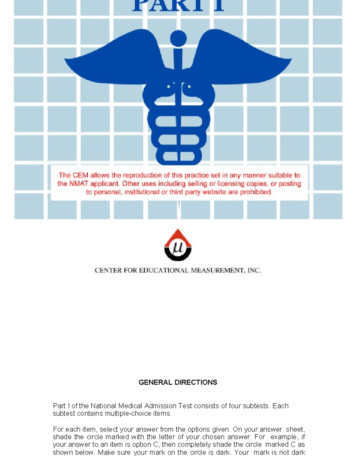 NMAT Practice Set Part 1 & Part 2 with Answer Key - ####### GENERAL DIRECTIONS ####### Part I of ...