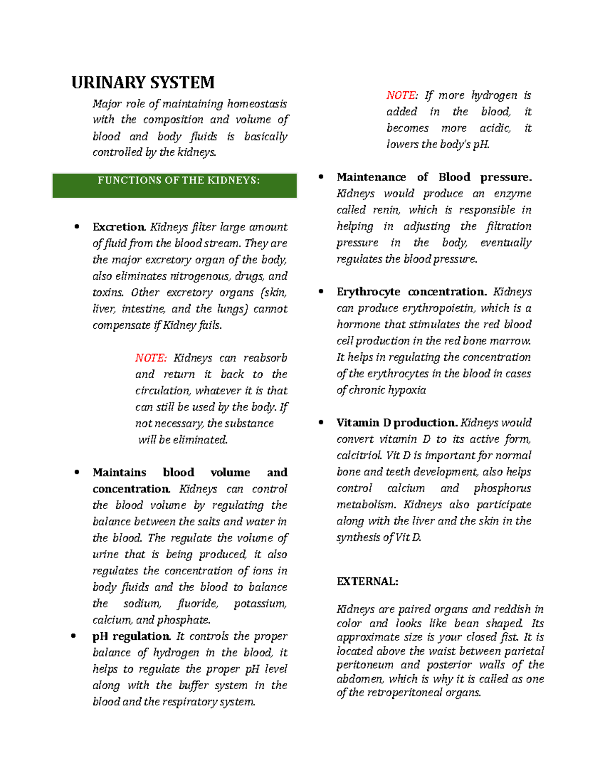 Urinary System ( Transes) - URINARY SYSTEM Major role of maintaining ...