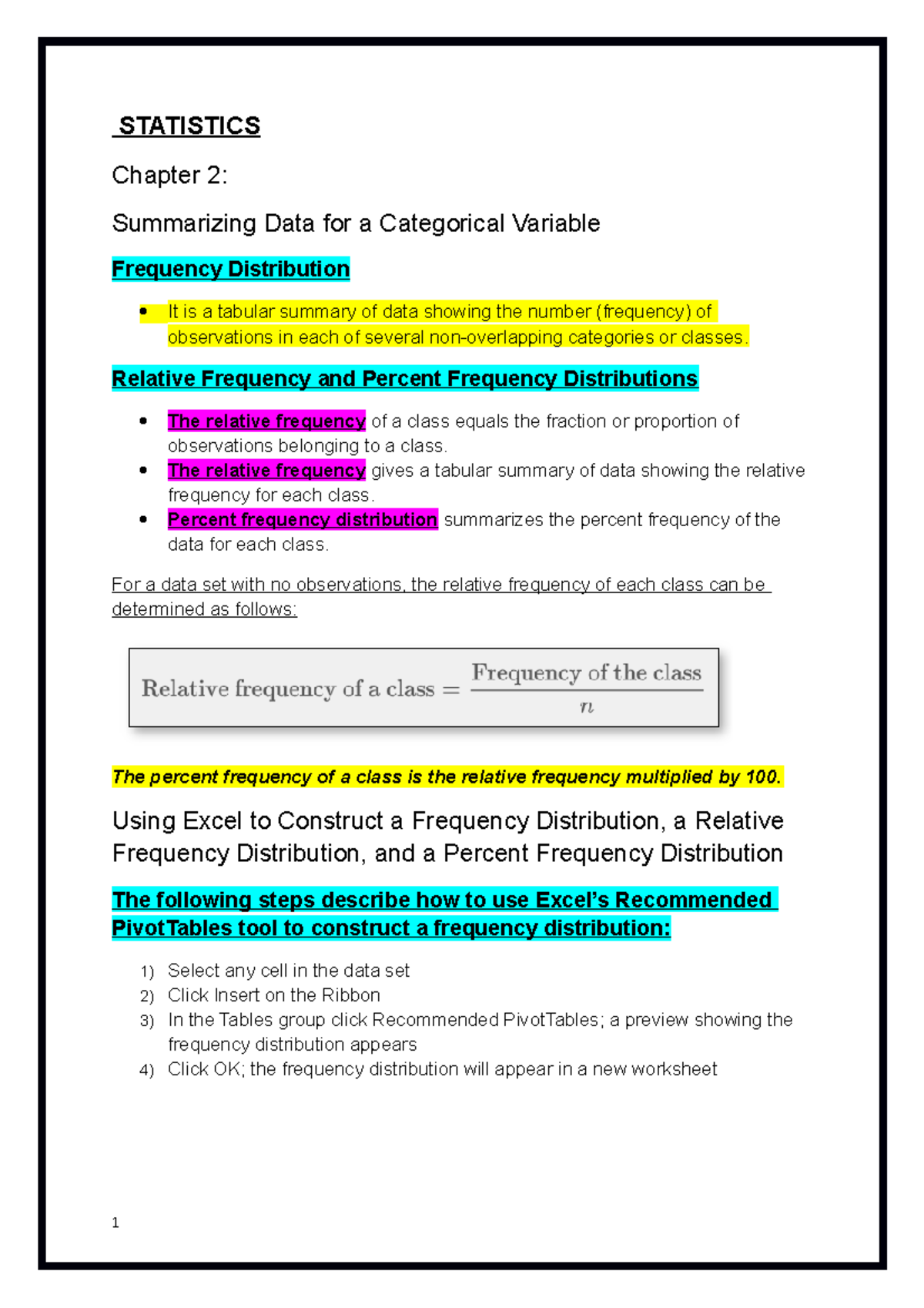 Chapter 2 summaries - STATISTICS Chapter 2: Summarizing Data for a Categorical Variable ...