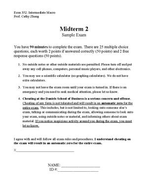 Sample midterm 1 2024 - Pratice exam - Econ 352: Intermediate Macro Prof. Cathy Zhang Midterm 1 ...