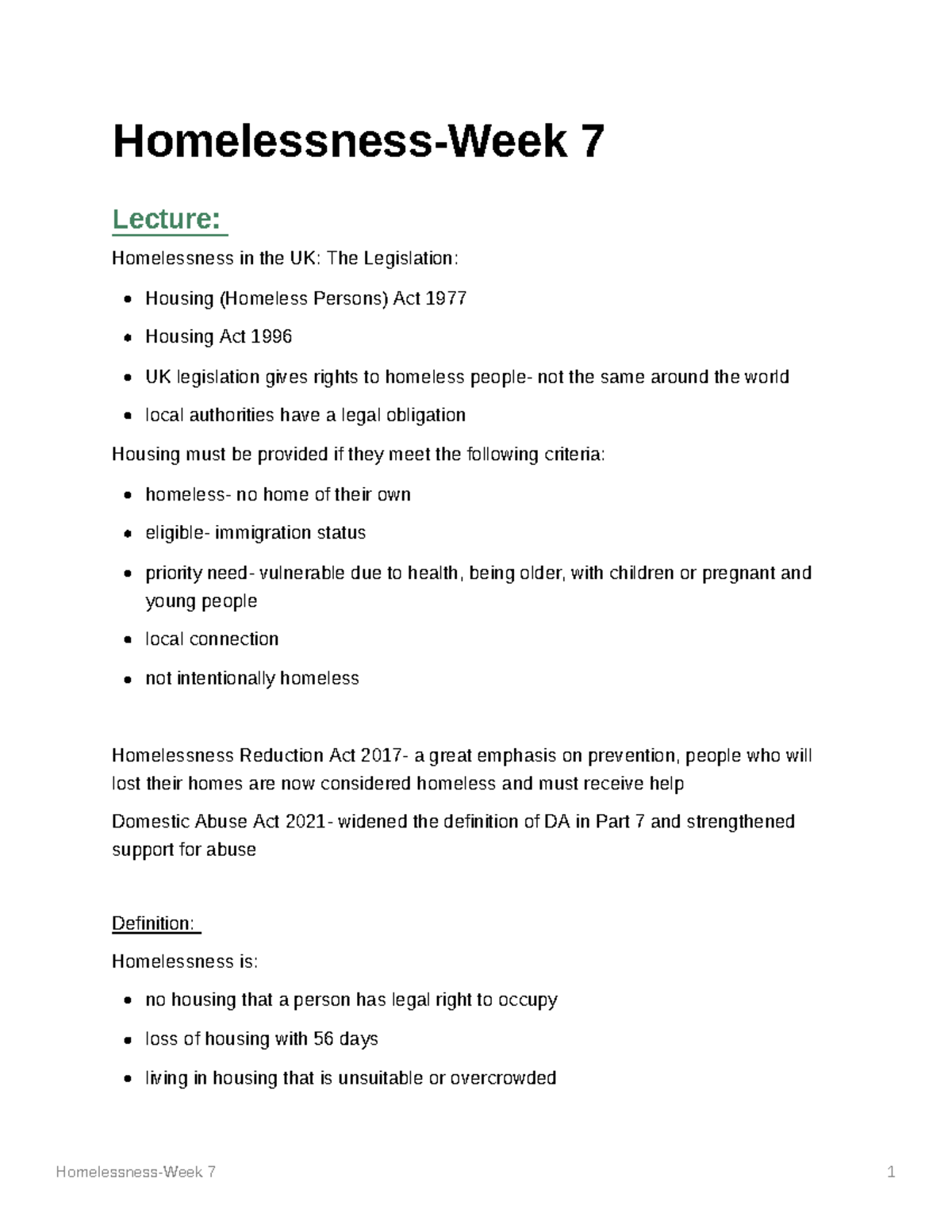 Homelessness- Week 7 - Lecture Notes, Seminar Preparation, Seminar ...