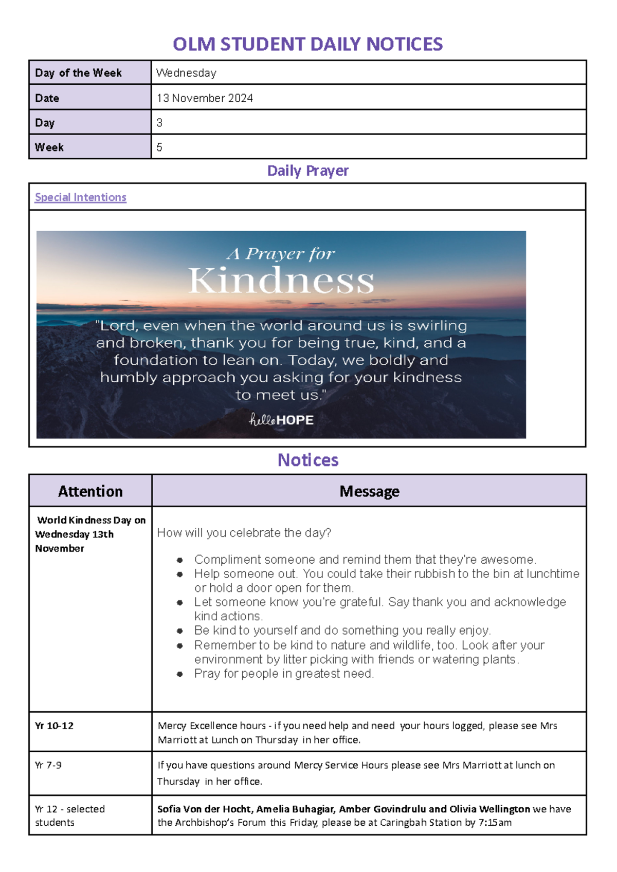 Daily Announcements Wednesday 13 - OLM STUDENT DAILY NOTICES Day of the ...