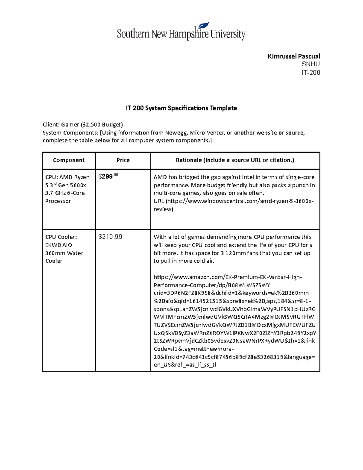 IT 200 System Specifications Pascual - Kimrussel Pascual SNHU IT- IT ...