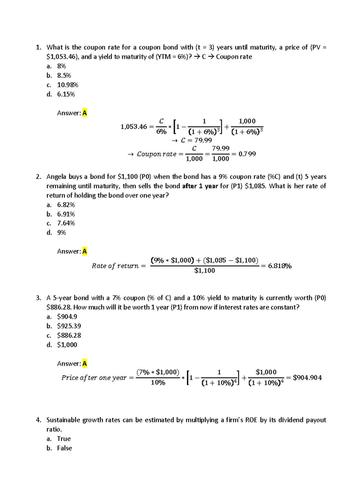 Review C2 C3 - What is the coupon rate for a coupon bond with (t = 3 ...