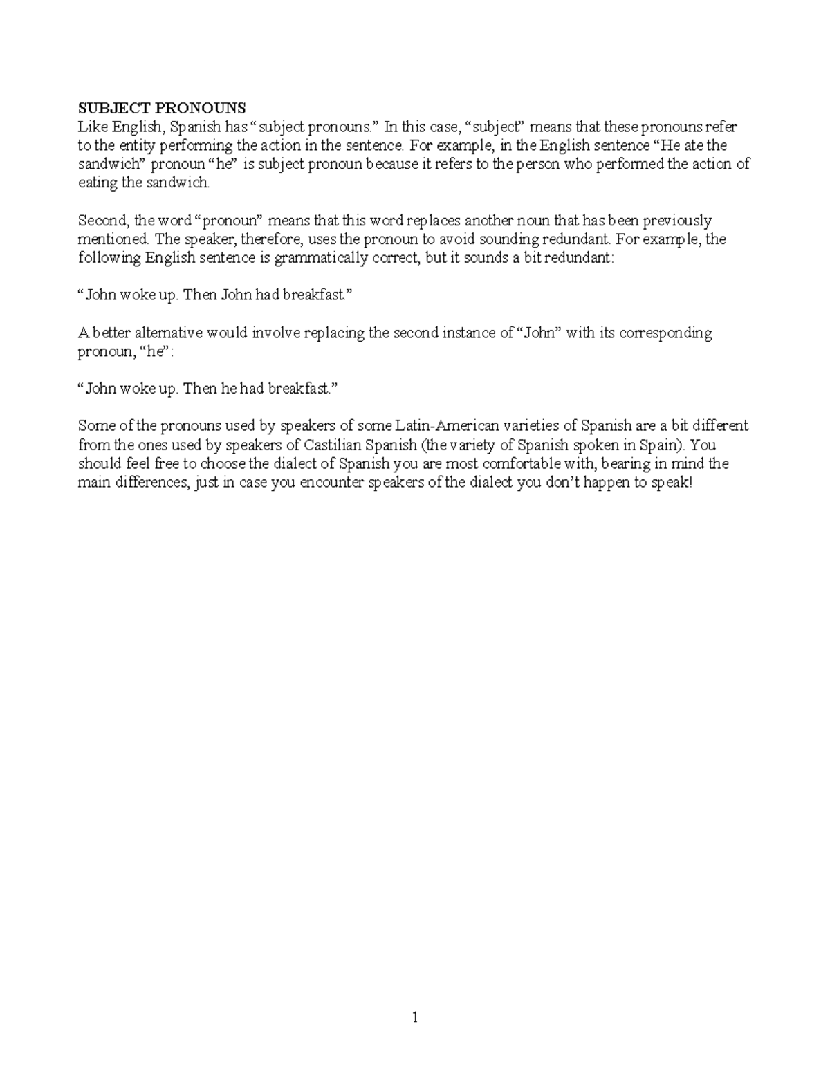 Notes on subject pronouns and present of regular -ar verbs (SPAN 2312 ...