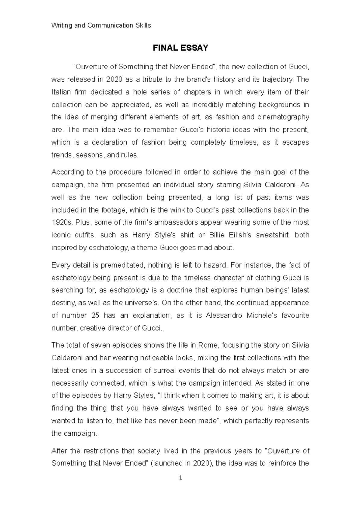 Final Essay - Writing and Communication Skills FINAL ESSAY “Ouverture ...