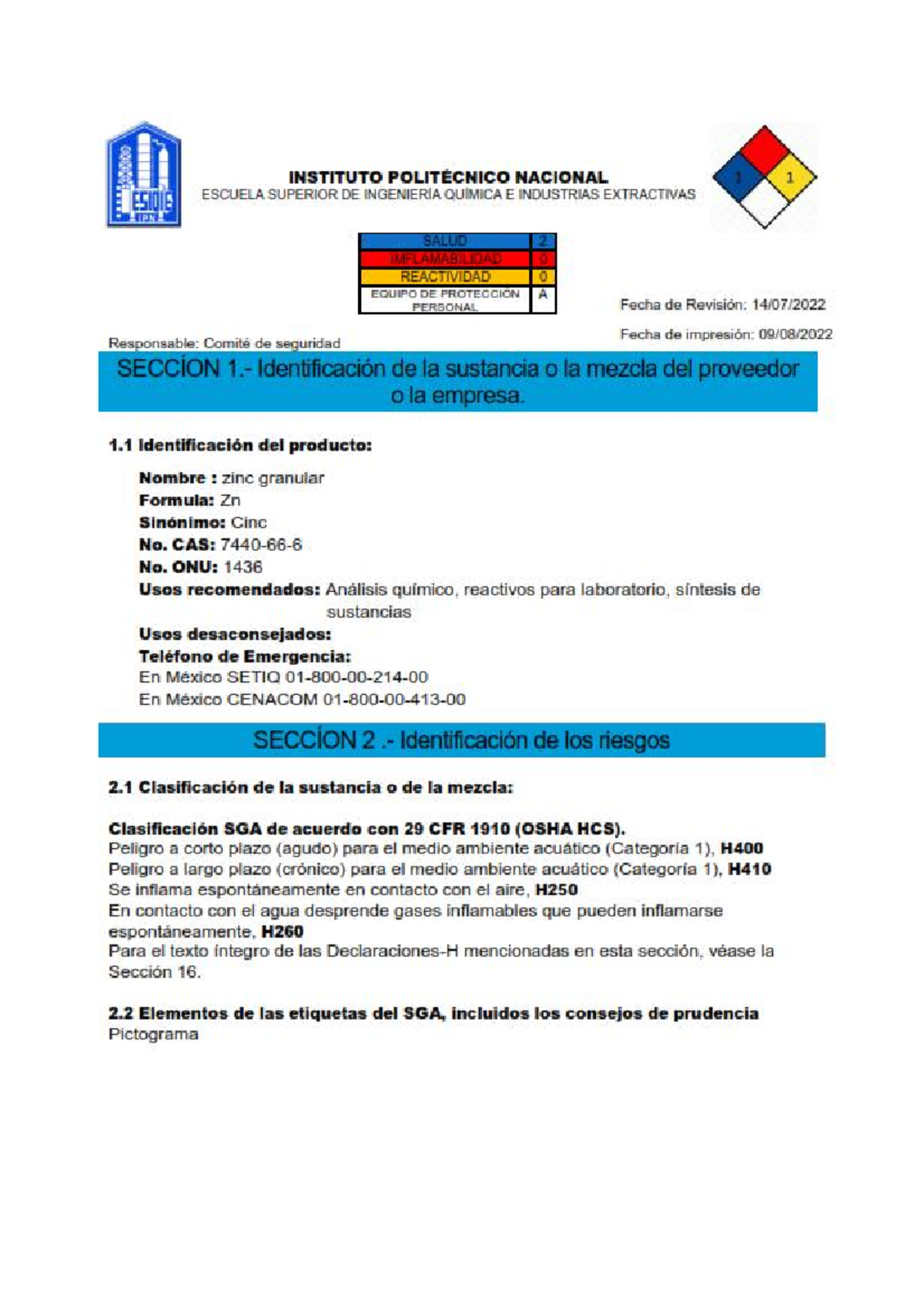 Hoja de seguridad de zing - Higiene Y Seguridad - Studocu