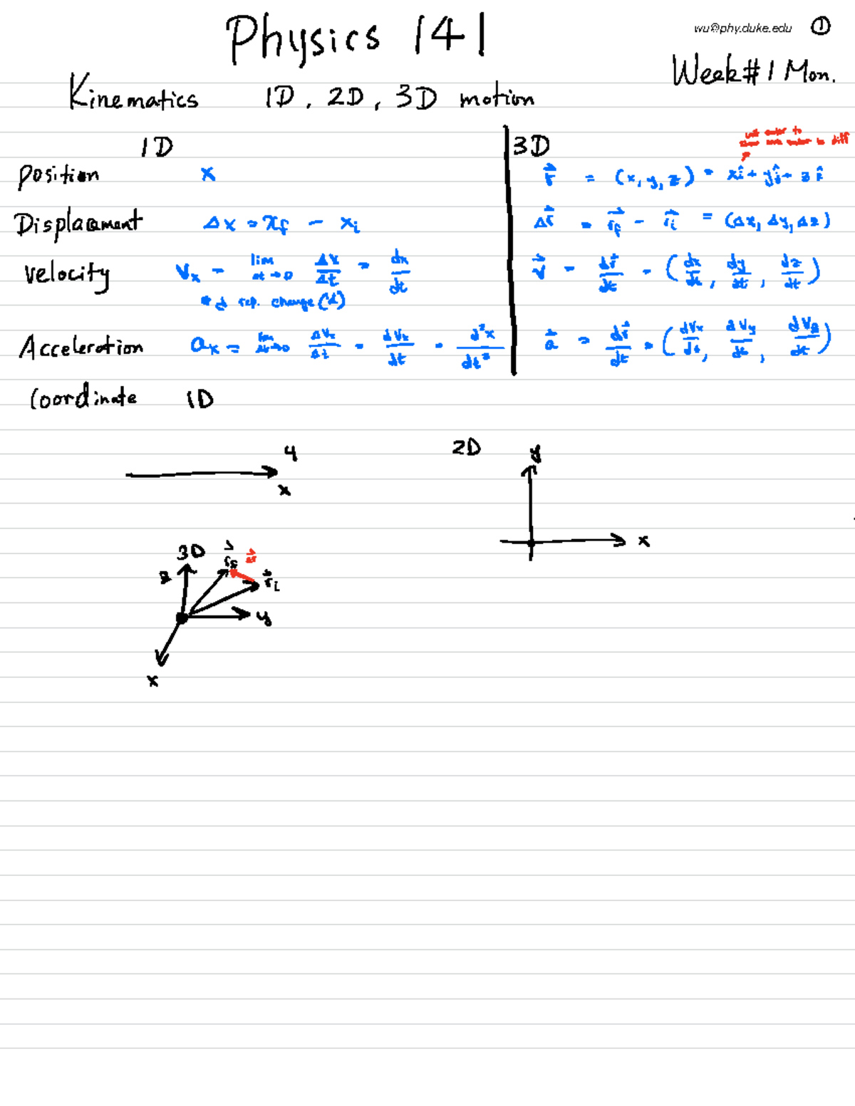 1 Aug 29 Kinematics - notes - wu@phy.duke ① Physics 141 Week# 1 Mon ...