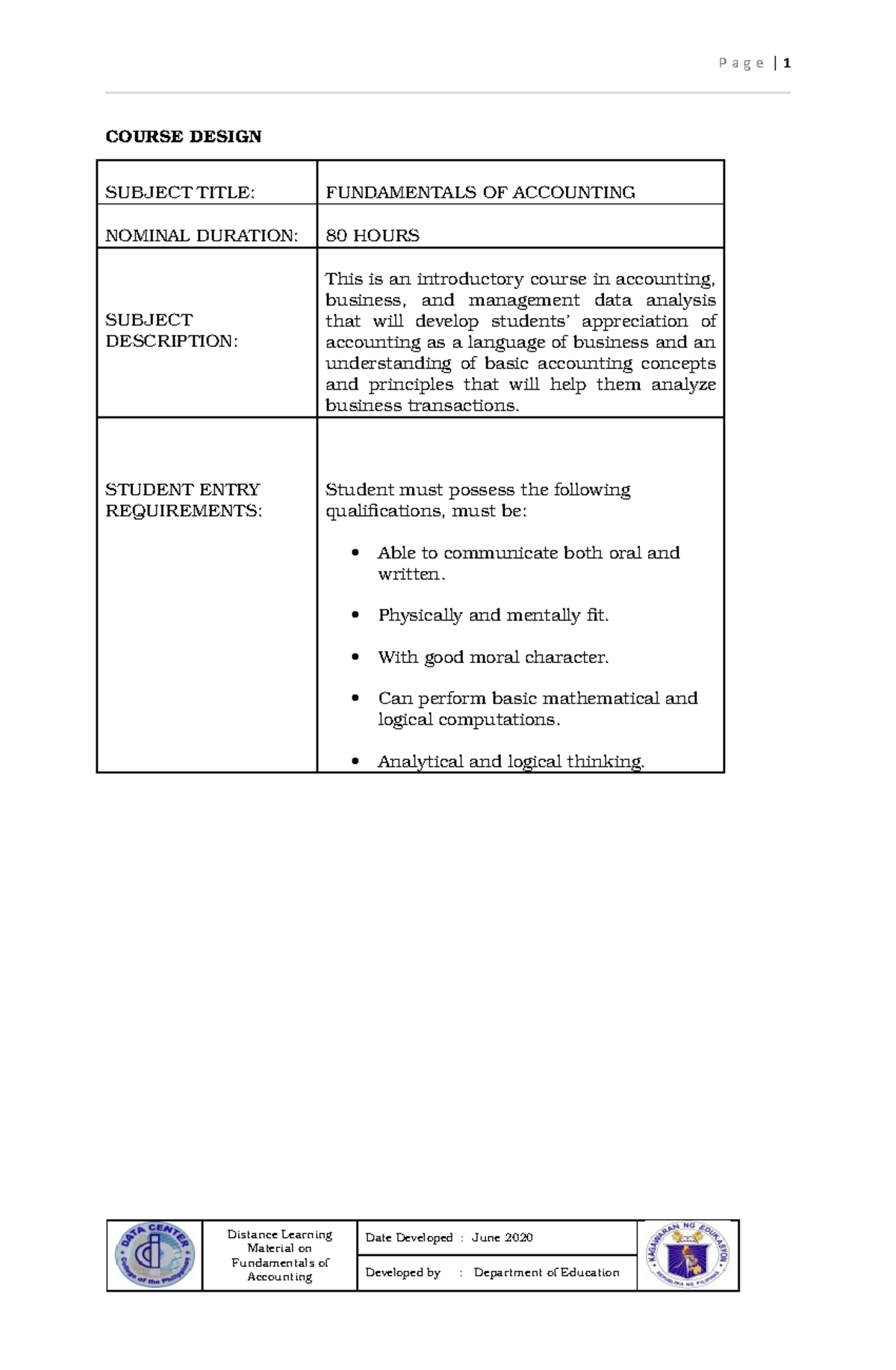 Fundamentals of Accountancy and BM- Final- Module - COURSE DESIGN ...