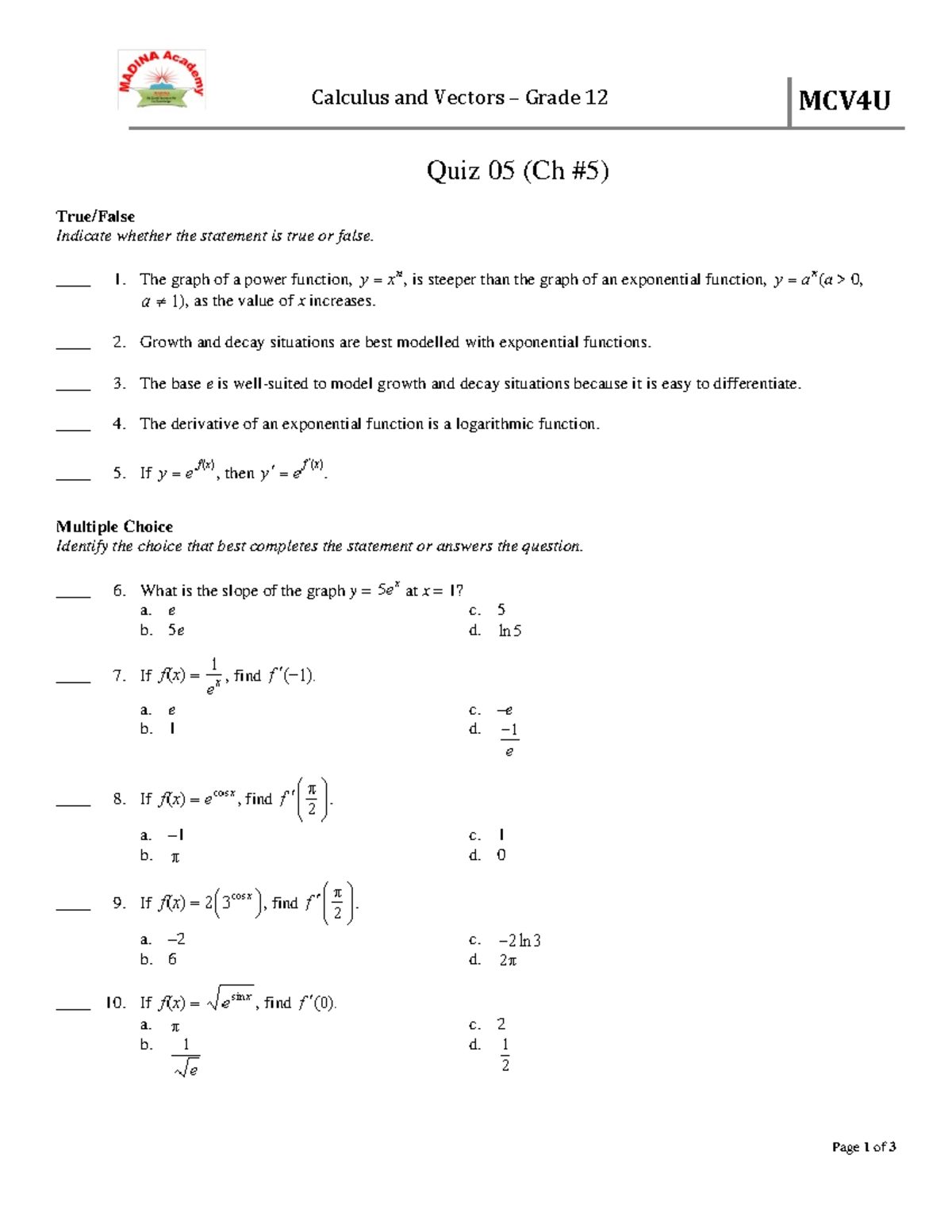 5. Quiz # 5 Madina - frefgf - Calculus and Vectors – Grade 12 MCV4U ...