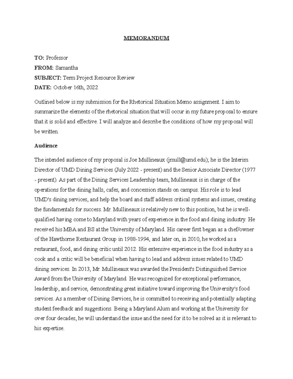 Rhetorical Situation Memo- Samantha Scoli-3 - MEMORANDUM TO: Professor ...