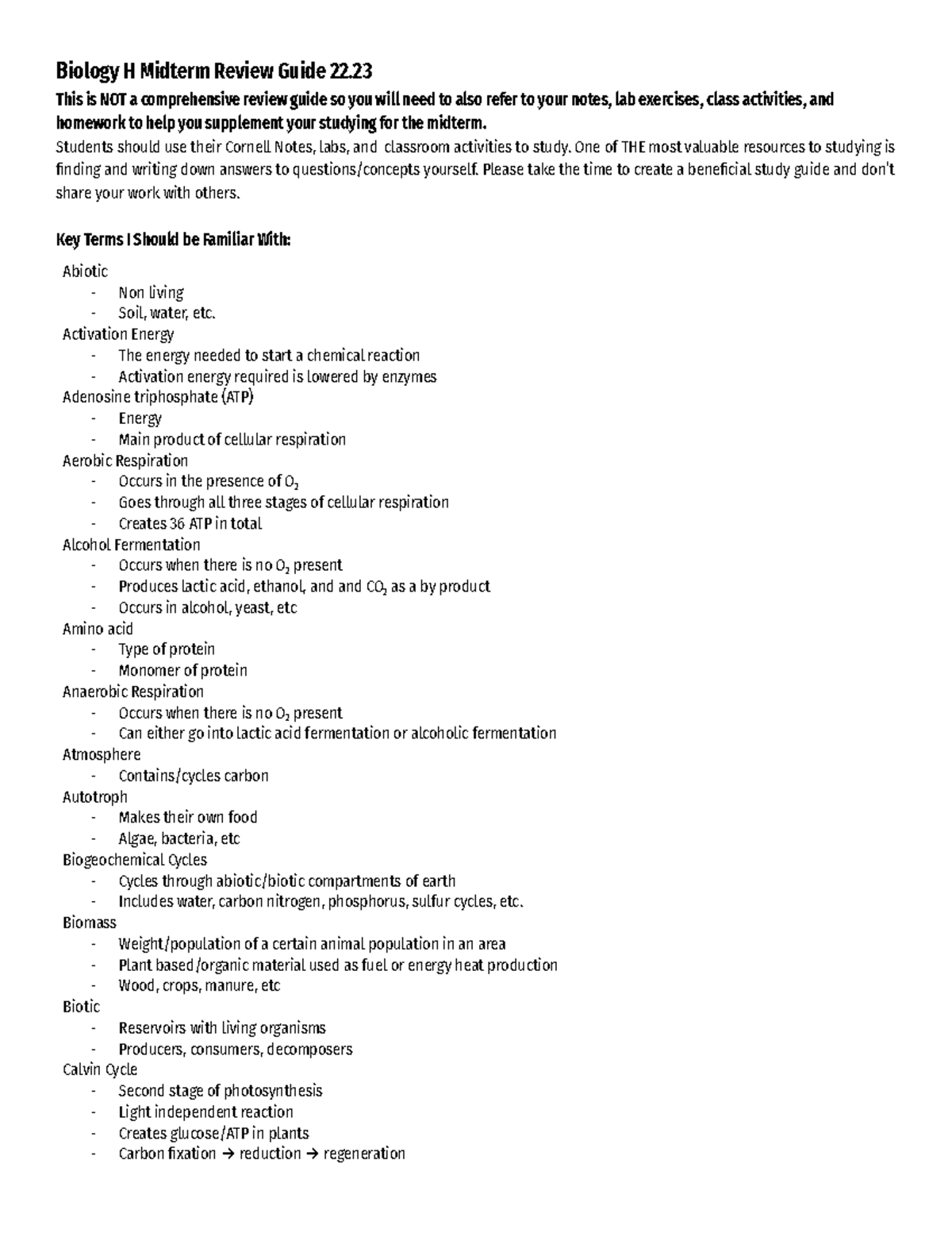 Copy of Bio Midterm Study Guide - Biology H Midterm Review Guide 22 ...