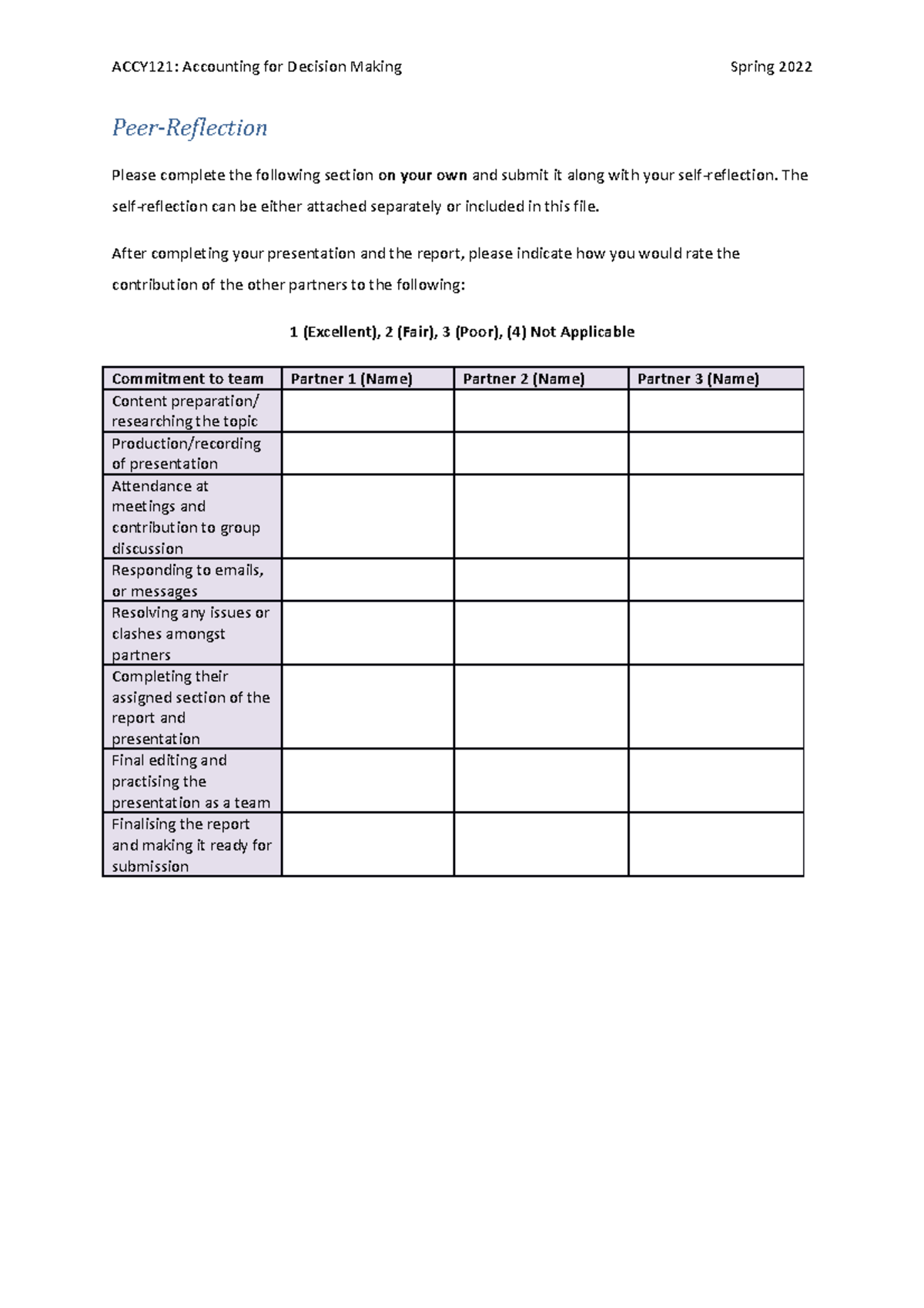Peer-reflection - Peer reflection tool - ACCY121: Accounting for ...