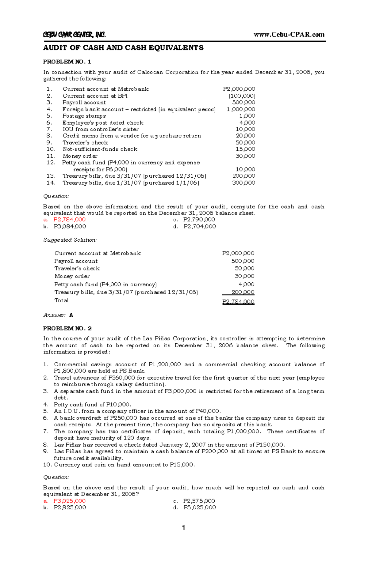 Ap Cash Cash Equivalents Q AUDIT OF CASH AND CASH EQUIVALENTS PROBLEM