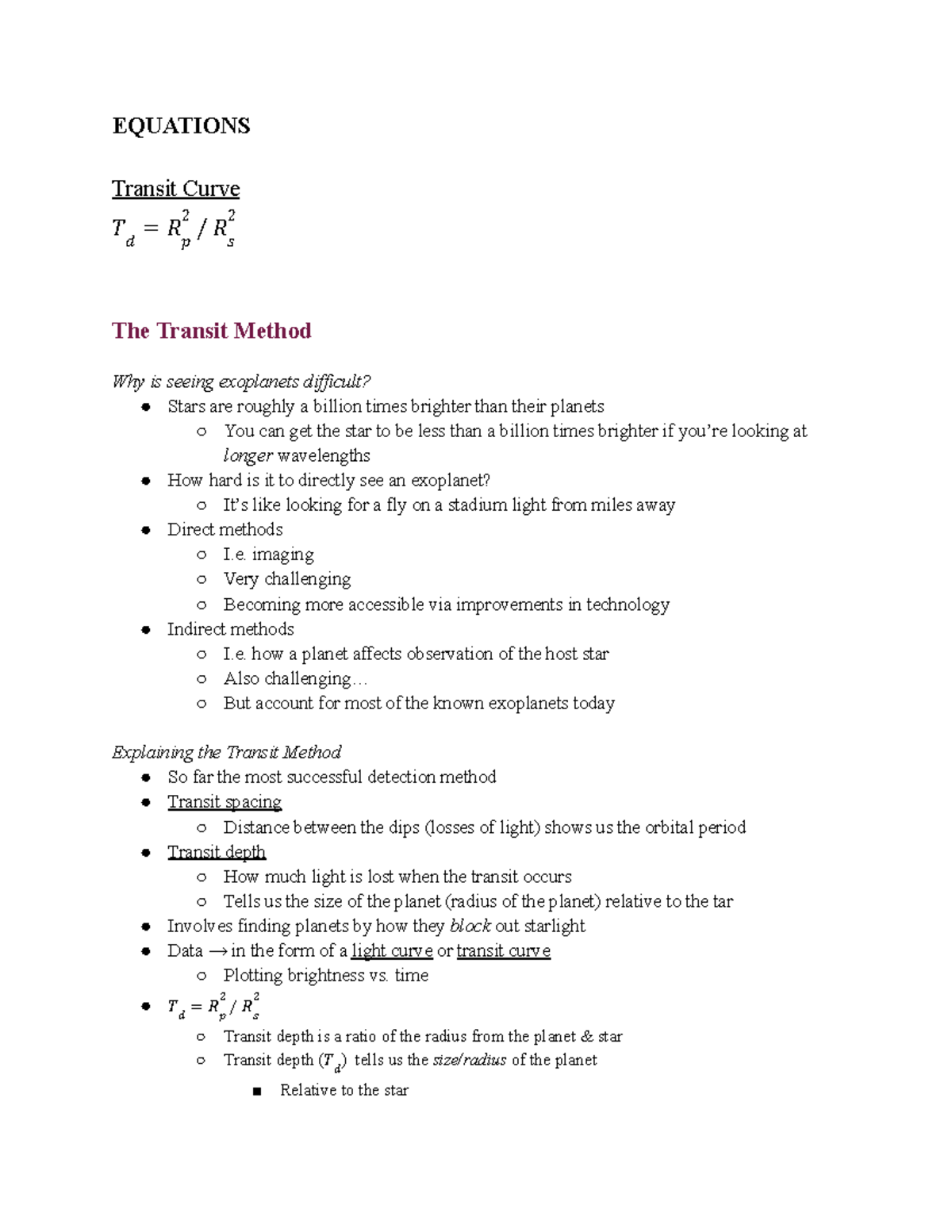 Phys study guide 2 - Lecture notes All - EQUATIONS Transit Curve 𝑇𝑑= 𝑅𝑝 ...