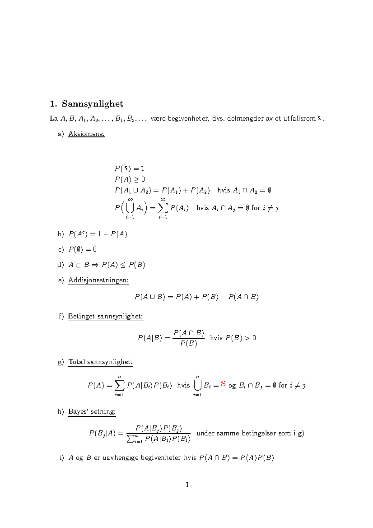 Formelark STAT - good - 1. Sannsynlighet LaA, B, A 1 , A 2 ,... , B 1 ...