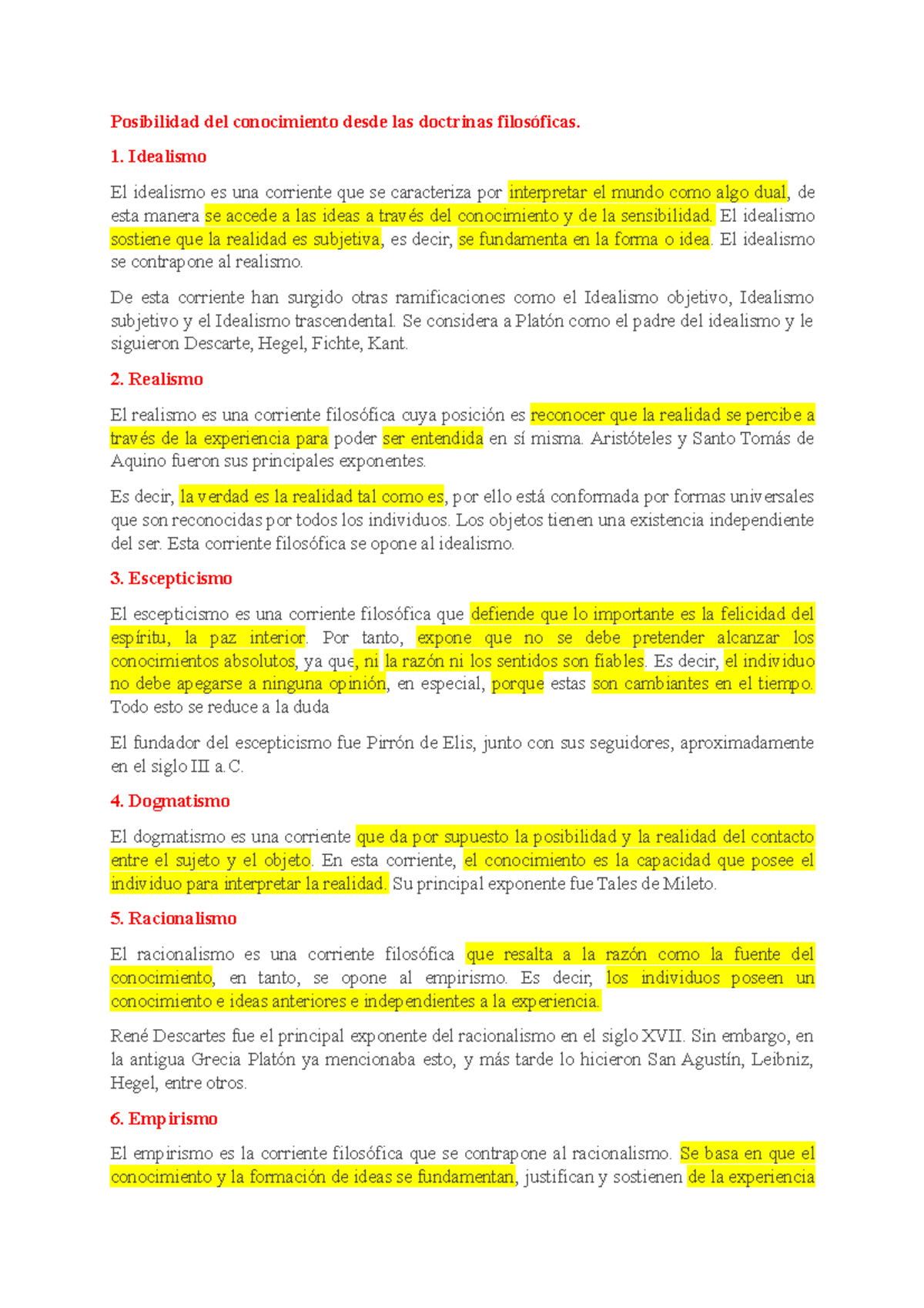 Doctrinas filosóficas - 1. Idealismo El idealismo es una corriente que ...