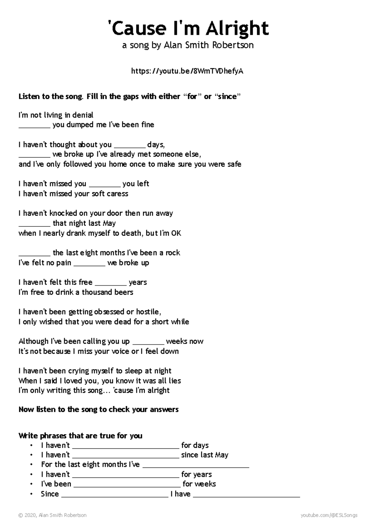 Cause im alright worksheet - 'Cause I'm Alright a song by Alan Smith ...