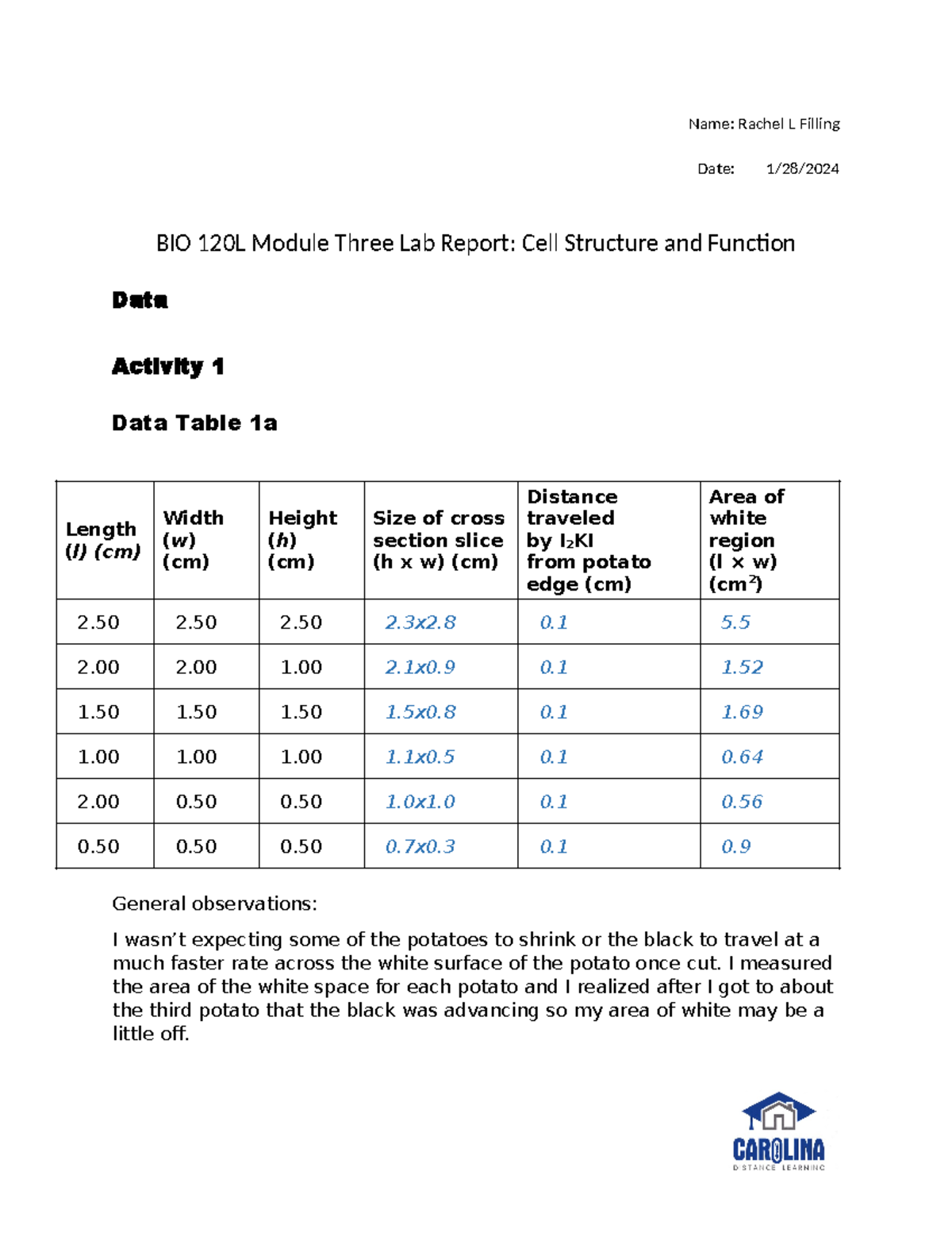 BIO 120L Module Three Cell Structure and Function Lab Report Rachel ...