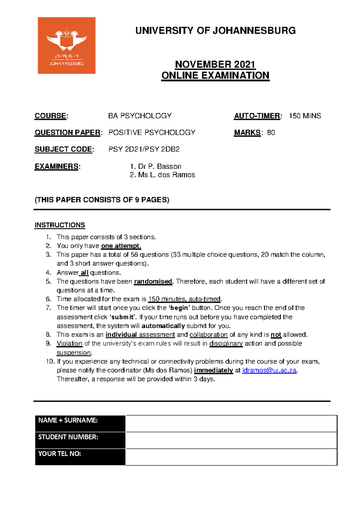 2D Exam MEMO - Question papers - UNIVERSITY OF JOHANNESBURG NOVEMBER ...