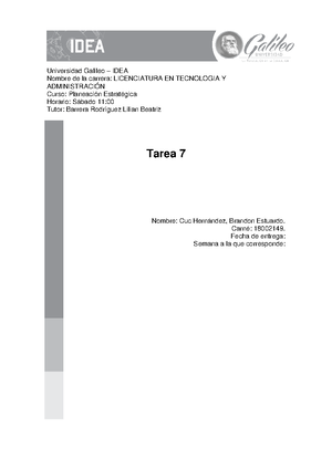 Tarea 7 semana 8 Planeacion Estrategica - Horario: Curso Tutor: TAREA NO. 7 Capítulo: Definición ...