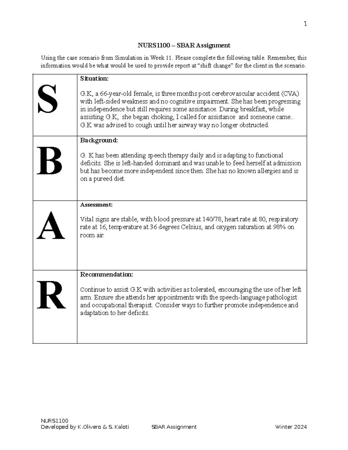NURS1100 SBAR table - homework - 1 NURS1100 – SBAR Assignment Using the ...