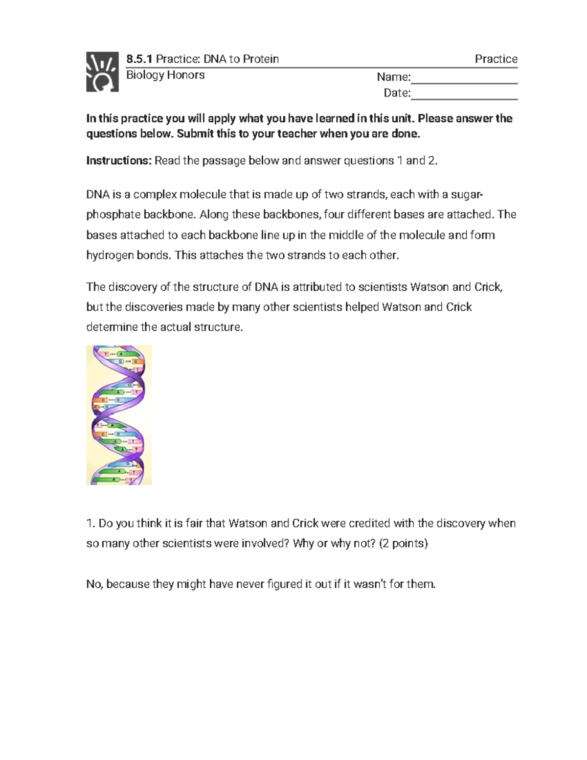 8.5.1 Practice - DNA to Protein (Practice) - 8.5 Practice: DNA to ...