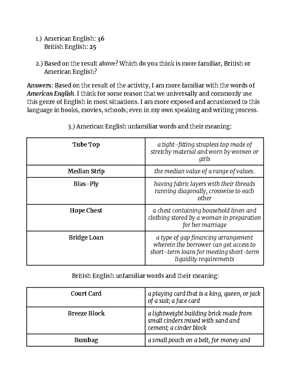 Filipinism Essay Activity - 1.) American English: 36 British English ...