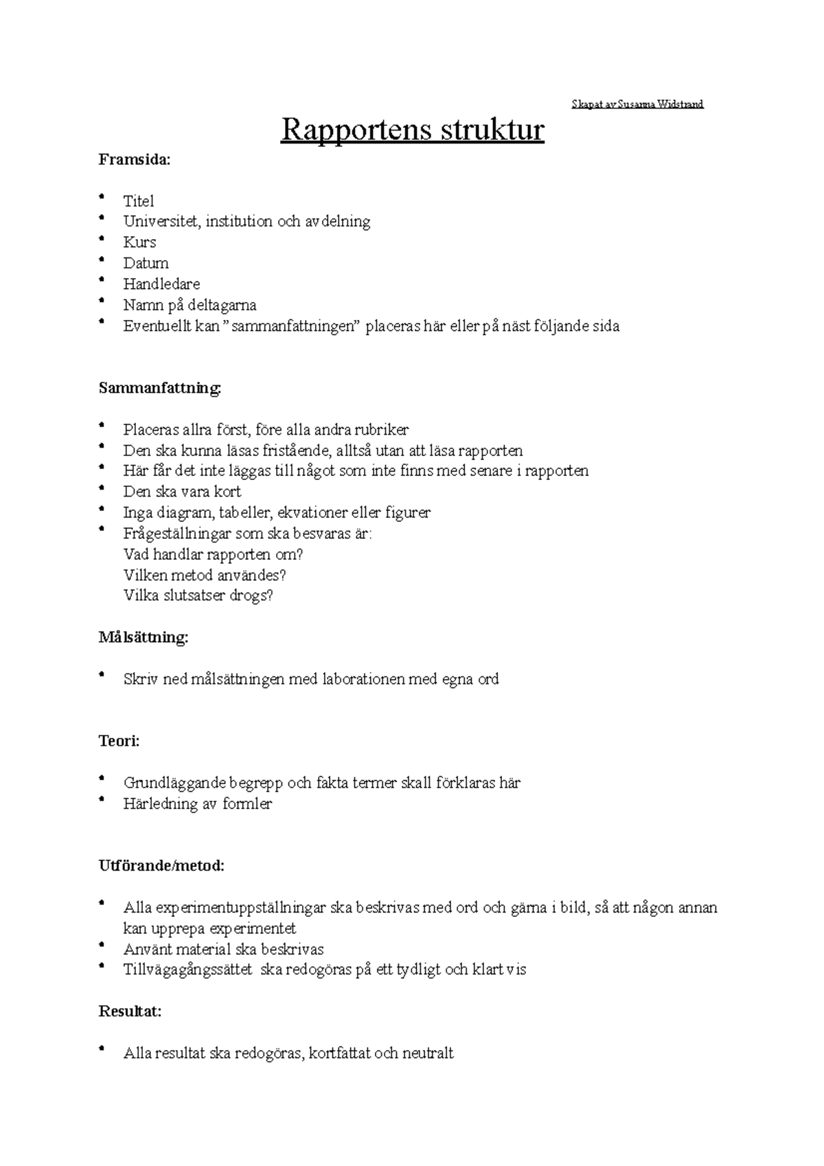 Rapportmall - Rapportens struktur Skapat av Susanna Widstrand Framsida ...