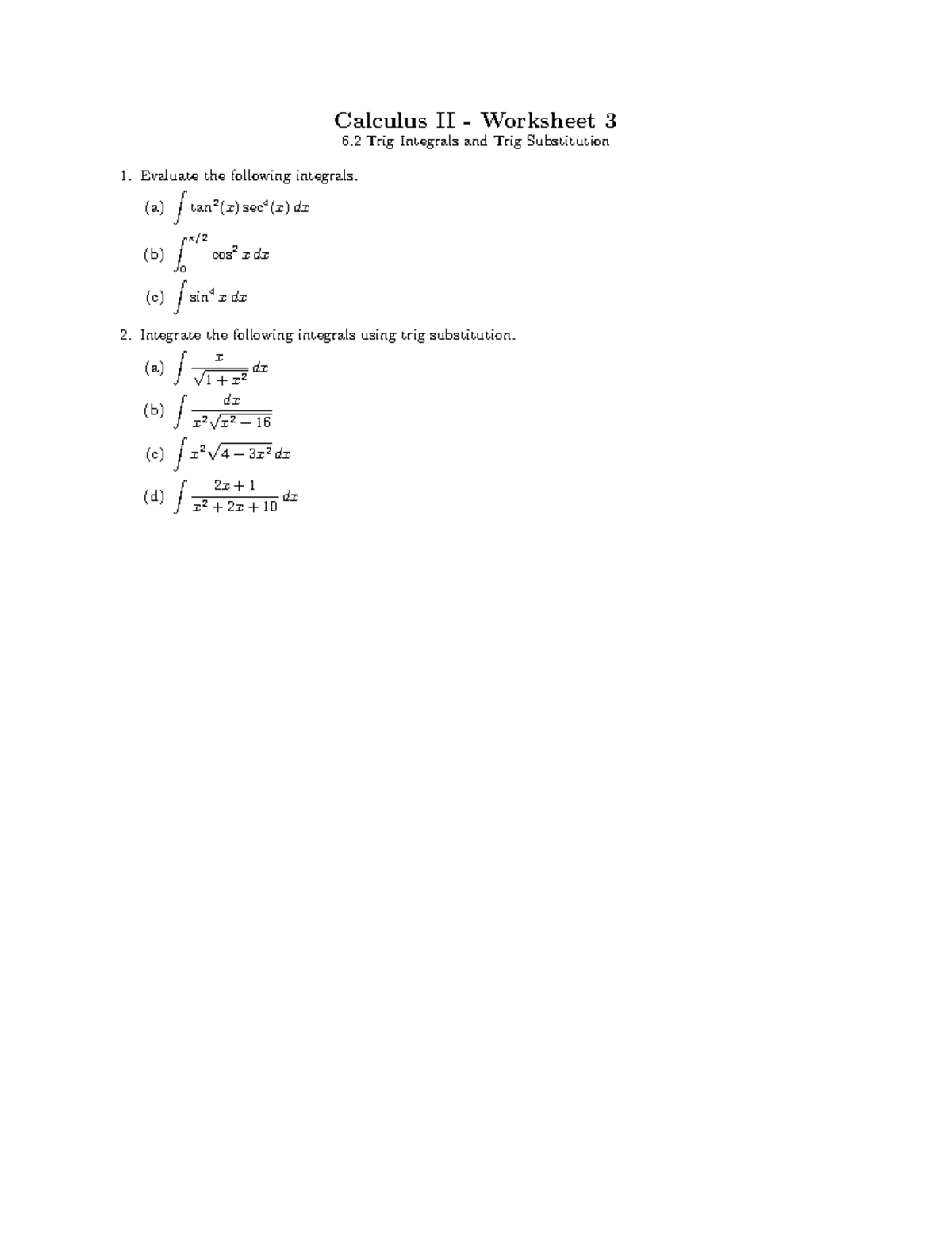 WS3-6 - calc II - Calculus II - Worksheet 3 6 Trig Integrals and Trig ...