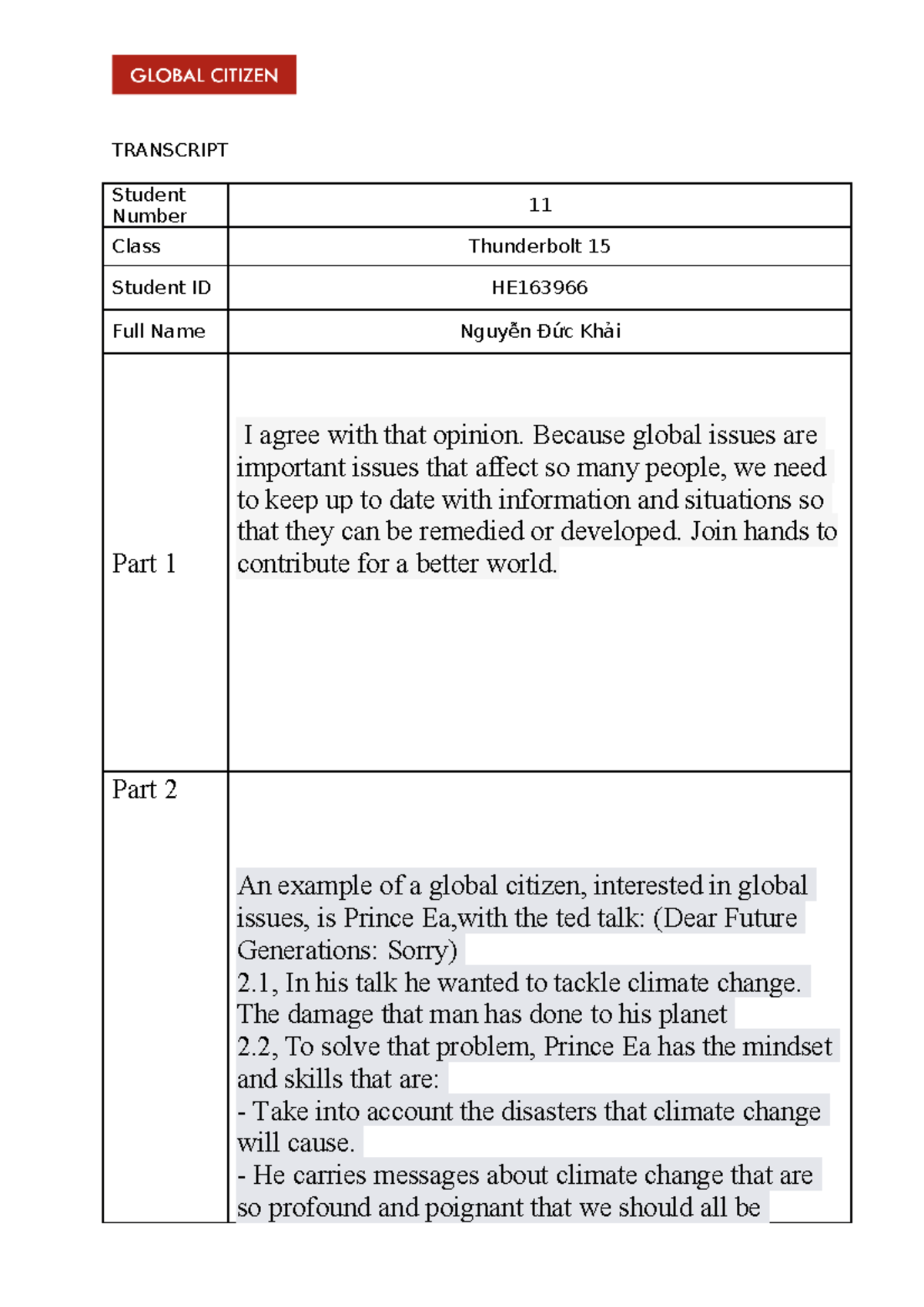 Check 2 For Student - TRANSCRIPT Student Number 11 Class Thunderbolt 15 ...