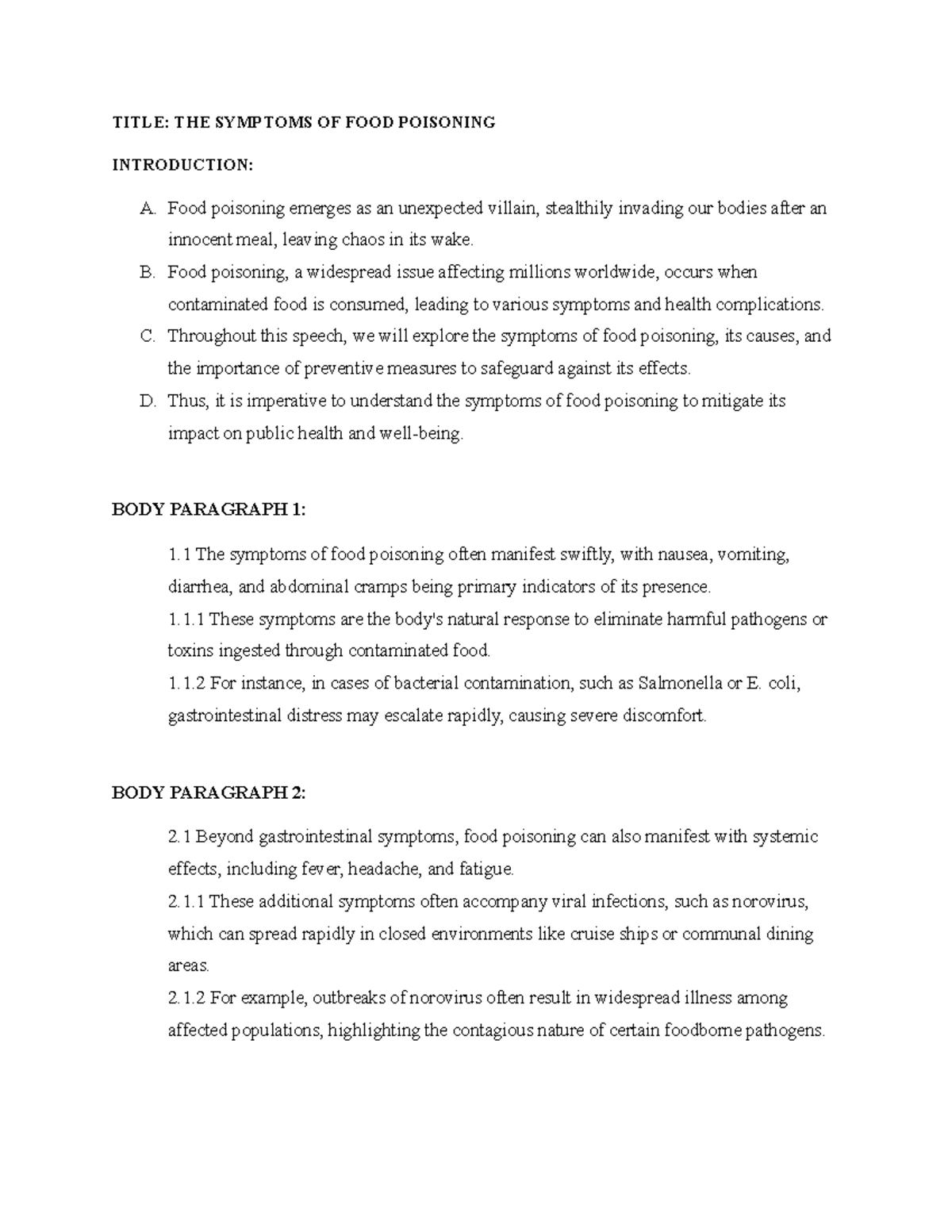 HPD Speech Outline - TITLE: THE SYMPTOMS OF FOOD POISONING INTRODUCTION ...