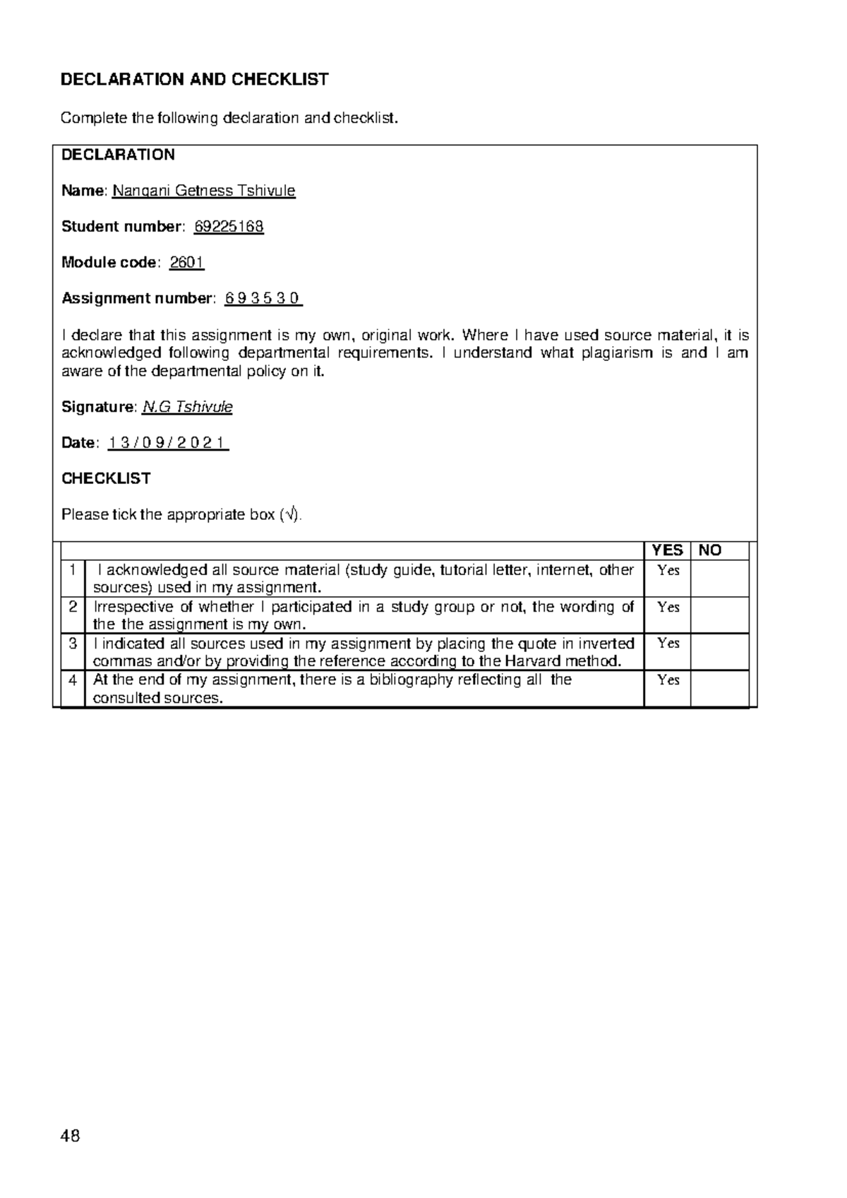TEX 2601 Portfolio - DECLARATION AND CHECKLIST Complete the following declaration and checklist ...