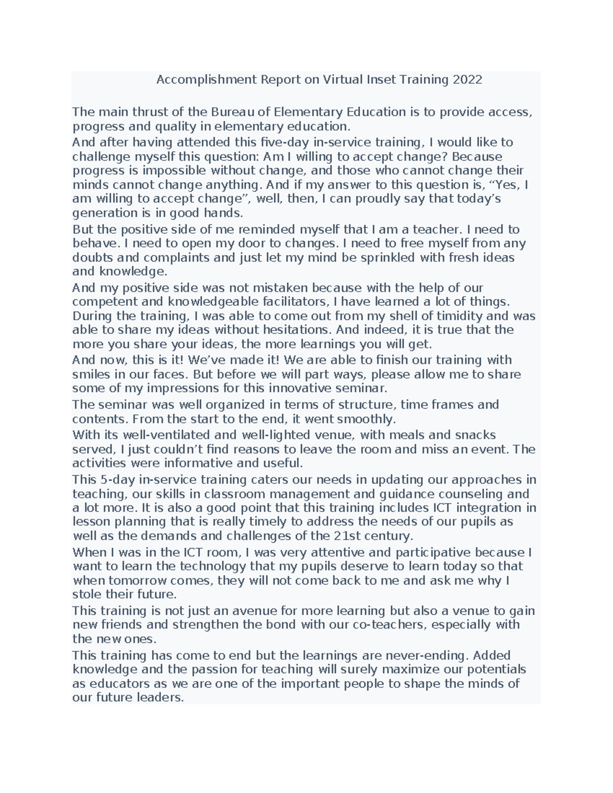 Accomplishment Report on Inset - Accomplishment Report on Virtual Inset ...